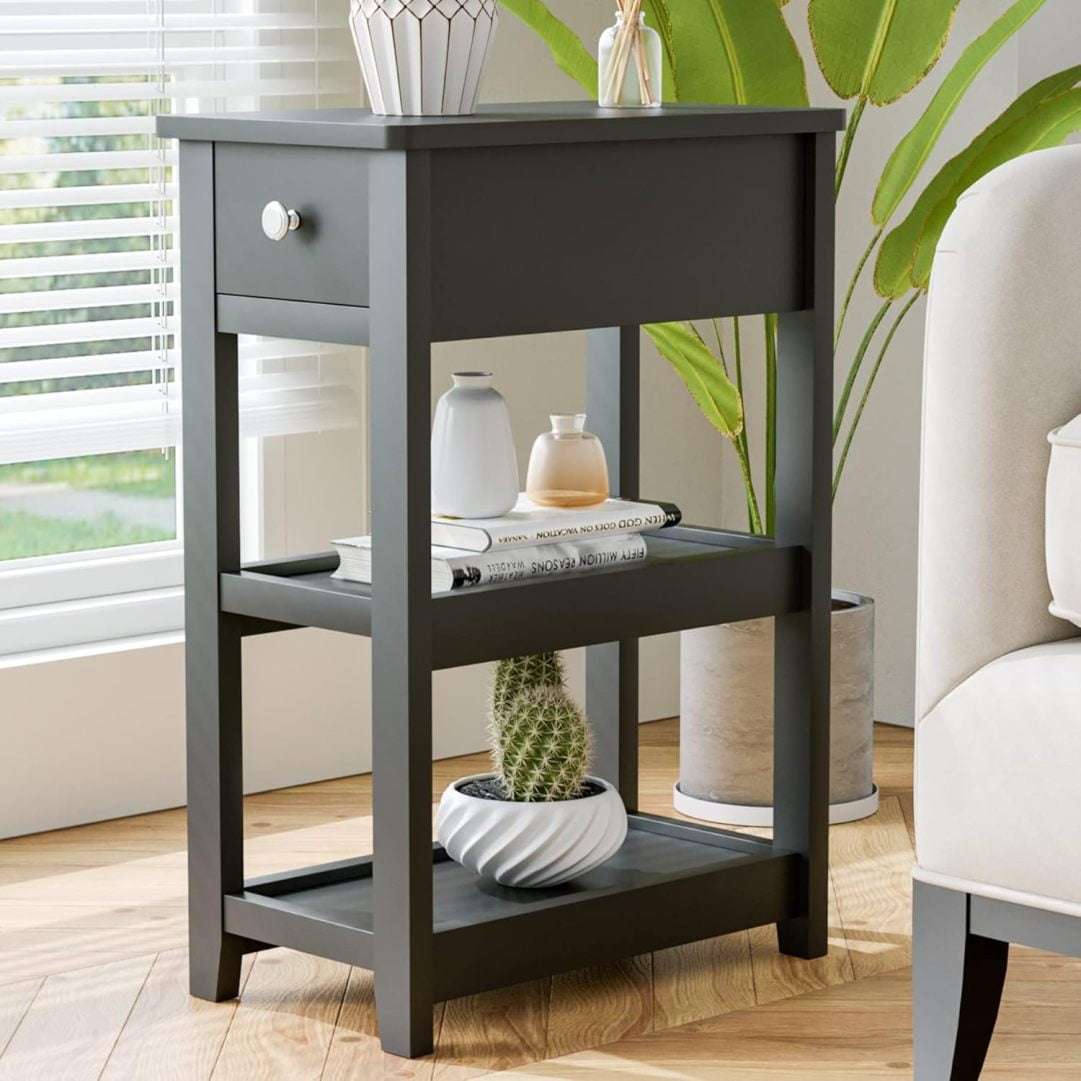 XYSP End Table, 3-Tier Black Nightstand with Drawer and 2 Shelves, Wood ...