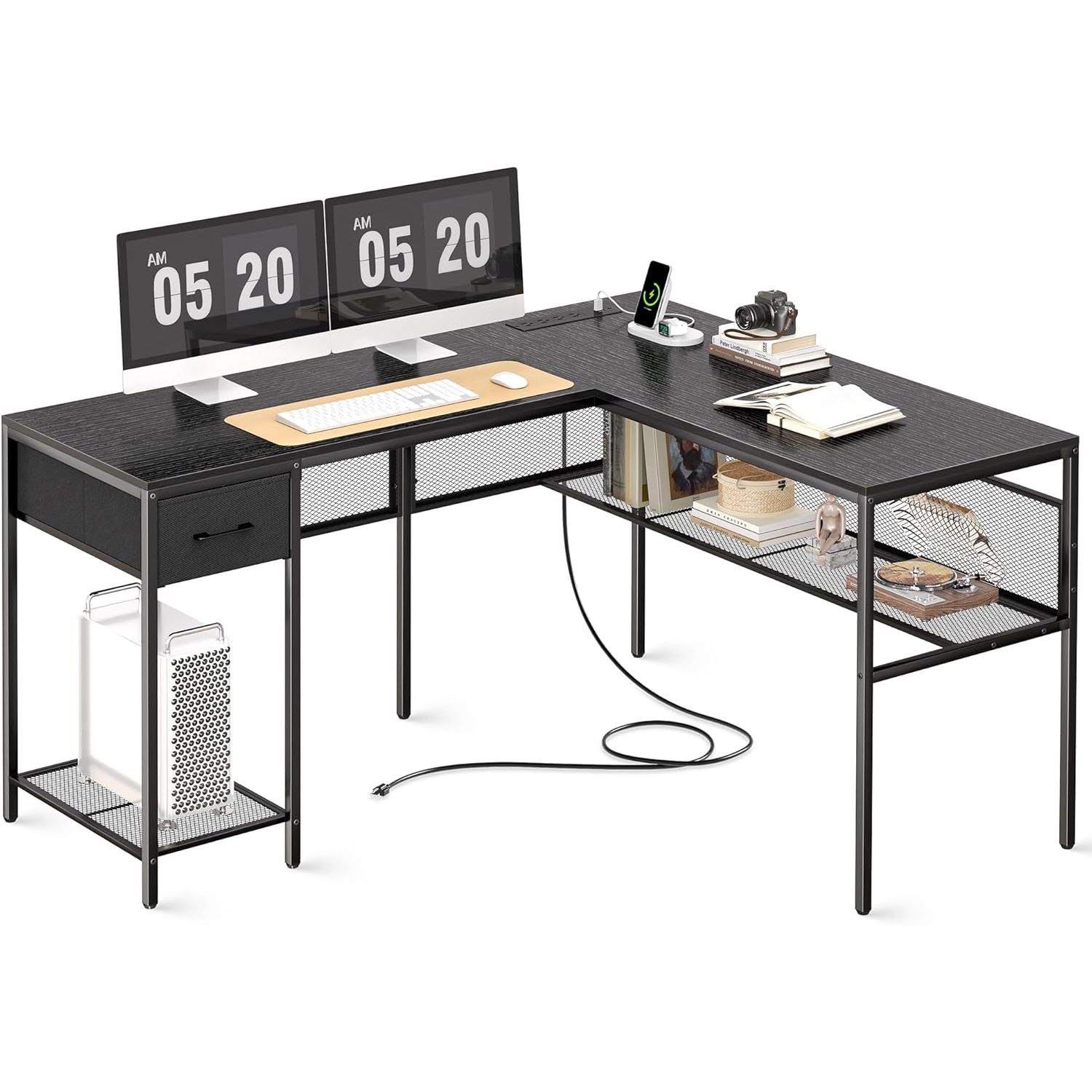 XYSP L Shaped Desk with Power Outlets, Computer Desk with Drawer ...