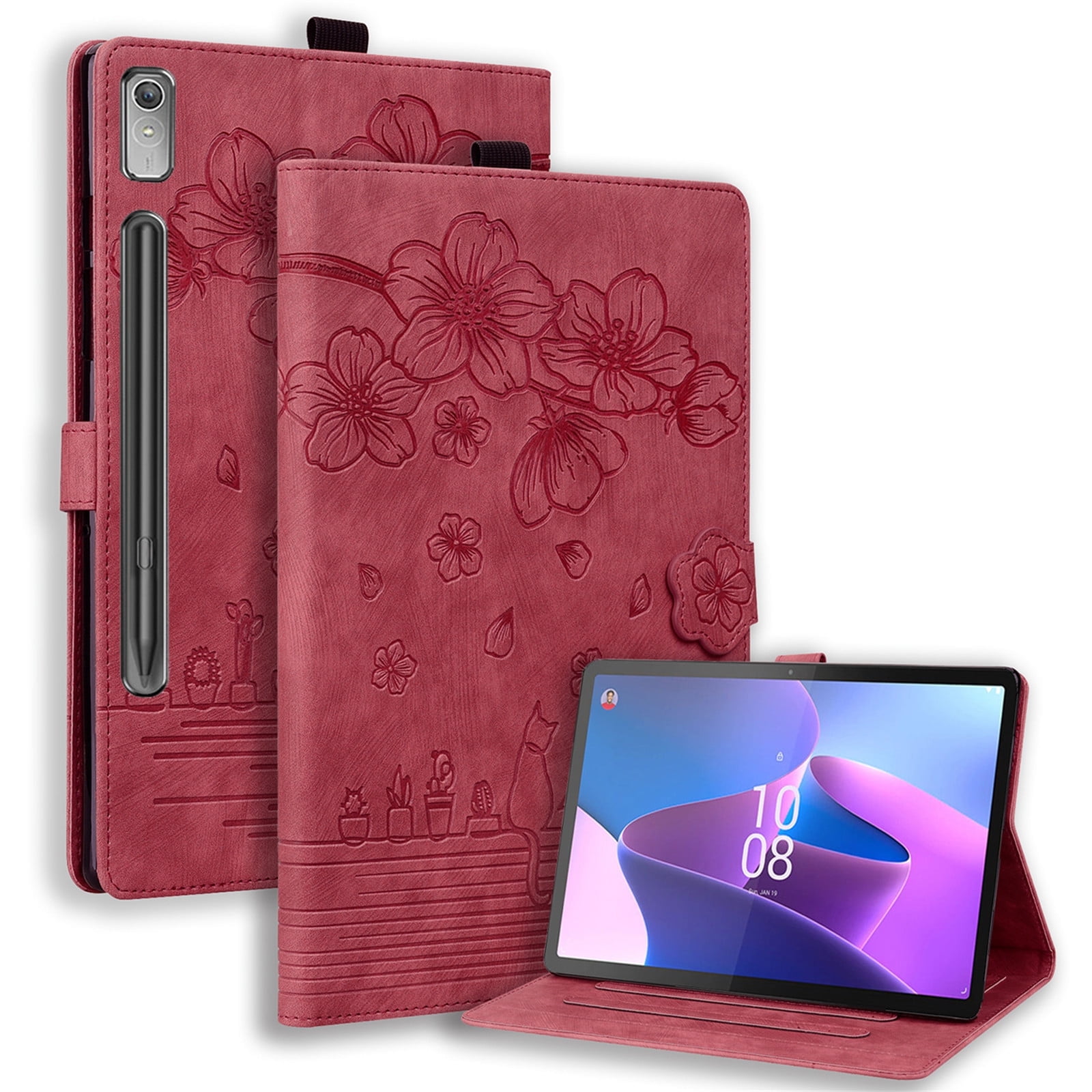 XYX Case for Lenovo Tab P12 12.7 inch 2023 TB370FU, Cherry Blossom Cat PU Leather Folio Stand ...