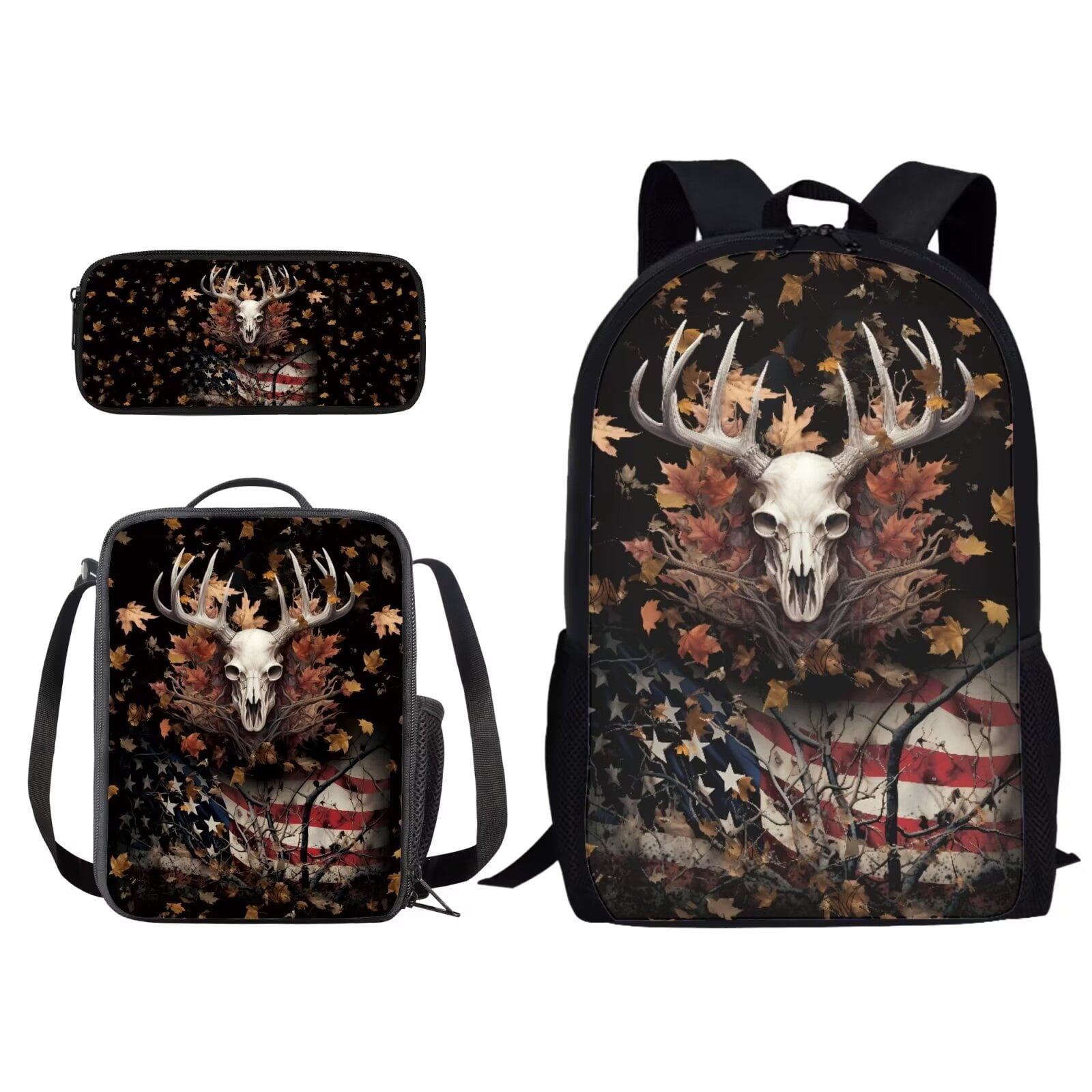 XYZCANDO Capacious Backpack Vintage USA Flag Antler Leaves Print School ...