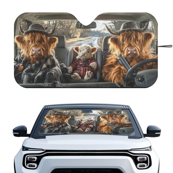 XYZCANDO Car Sun Shade with Highland Cow Family Theme, Large Auto Sun ...