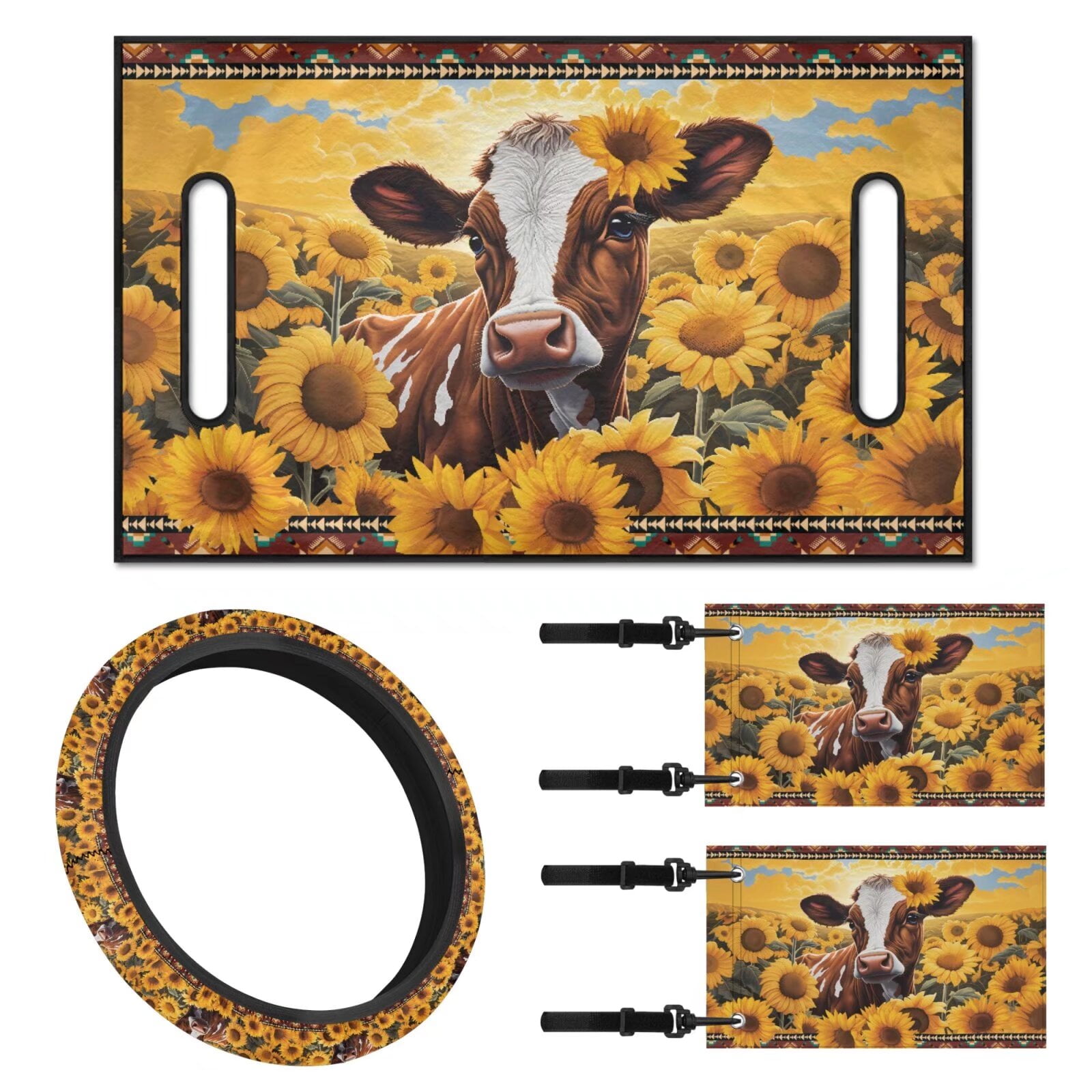 XYZCANDO Cow Sunflower 4 Piece Golf Cart Seat Covers Golf Cart Steering ...