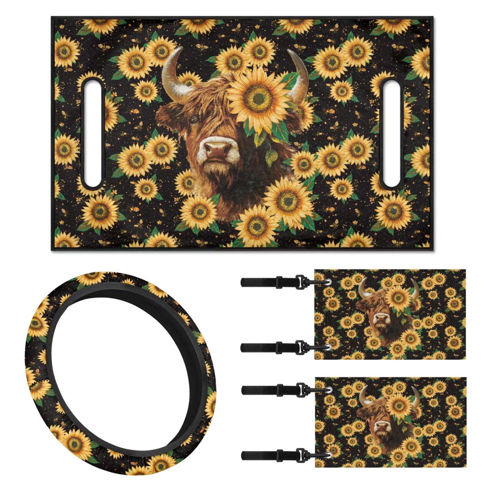 XYZCANDO Sunflower Cow 4 Piece Golf Cart Seat Covers Golf Cart Steering ...