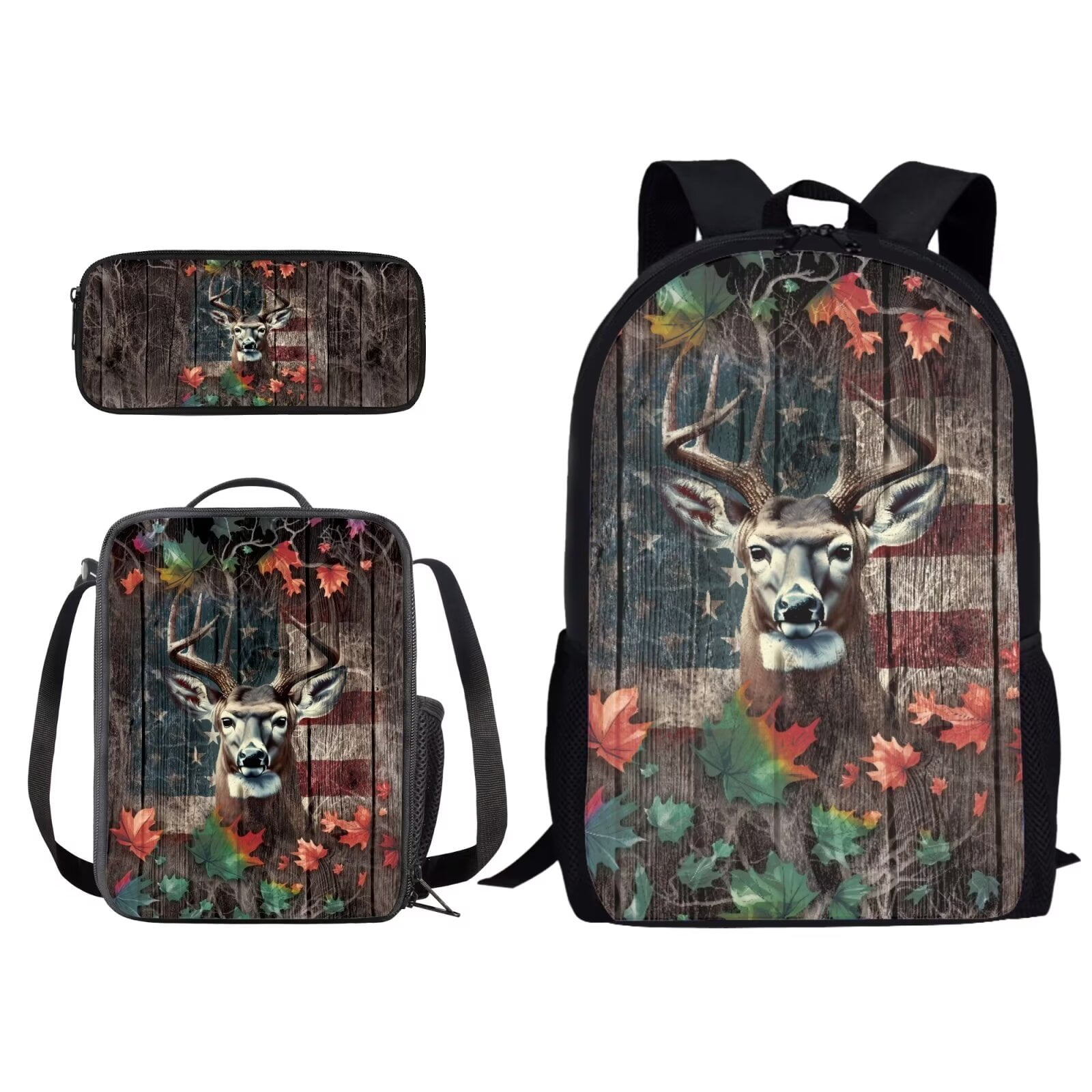XYZCANDO Vintage USA Flag Elk Print Backpack Set 3 Pack for Student ...