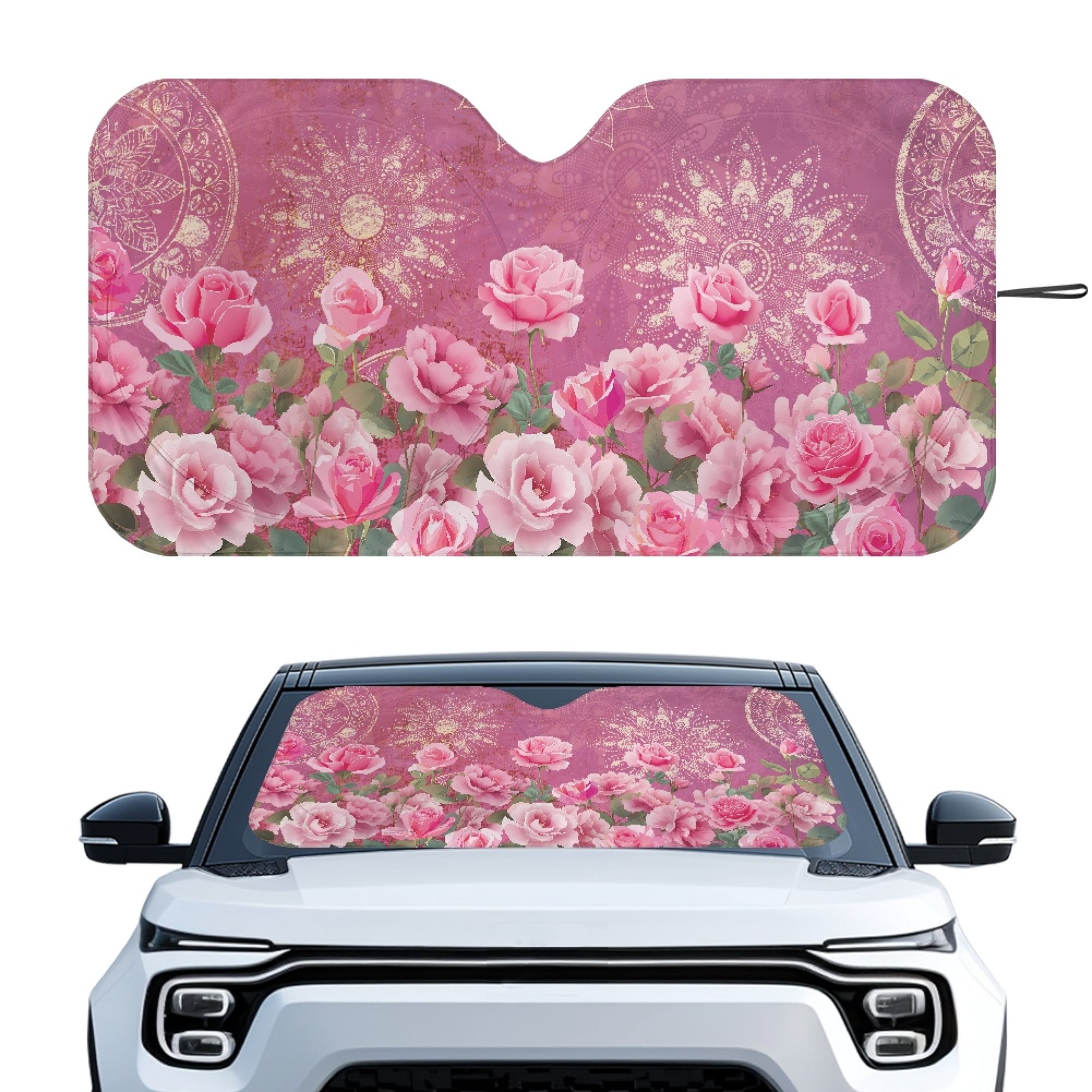 XYZCANDO Windshield Sun Shade with Pink Rose Mandala, Carry Bag Storage ...