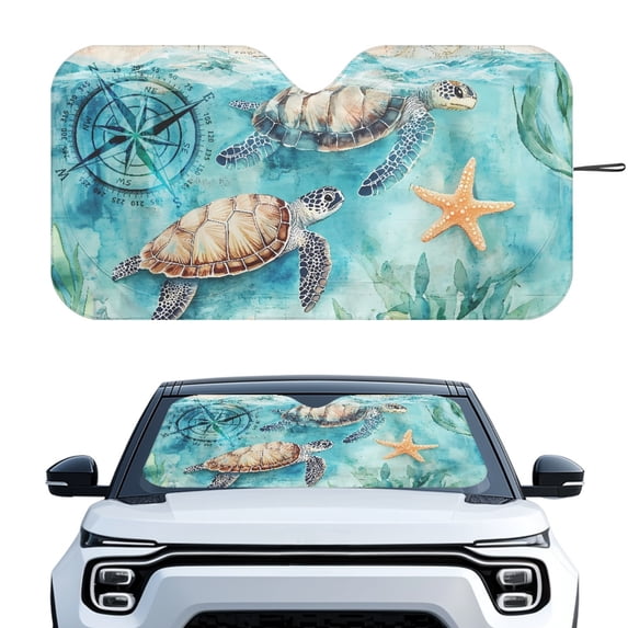 XYZCANDO Windshield with Ocean Turtle Compass Print, Foldable Sedan UV ...