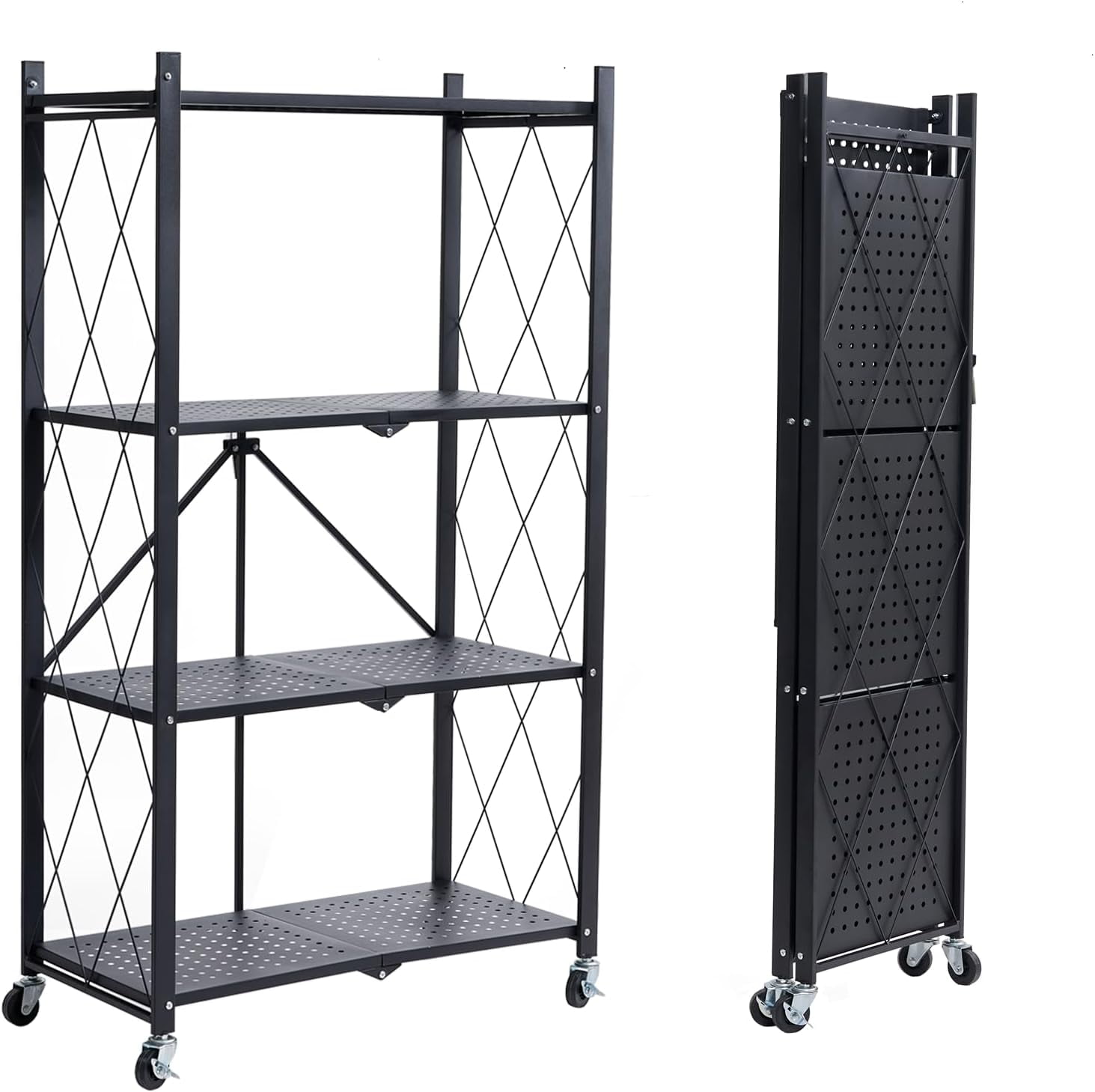 XZ 4-Shelf Foldable Storage Shelves with Wheels, Folding Metal Rack ...