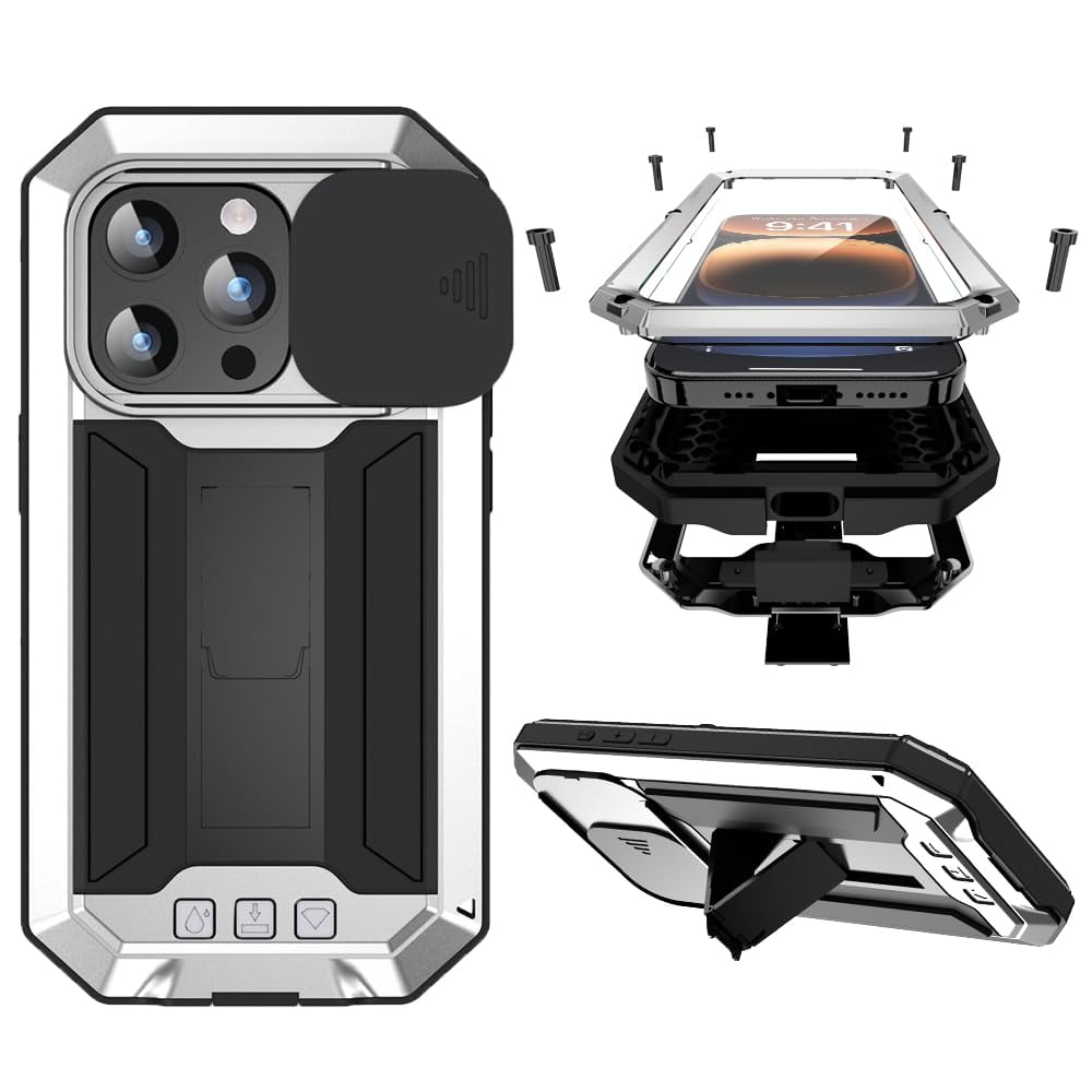 XZAMB Compatible with iPhone 16 Pro Max Metal Case with Slide Camera Cover Built in Screen ...