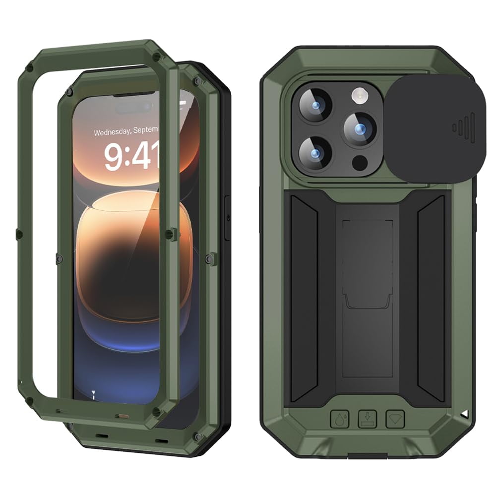 XZAMB Compatible with iPhone 16 Pro Max Metal Case with Slide Camera Cover Built in Screen ...