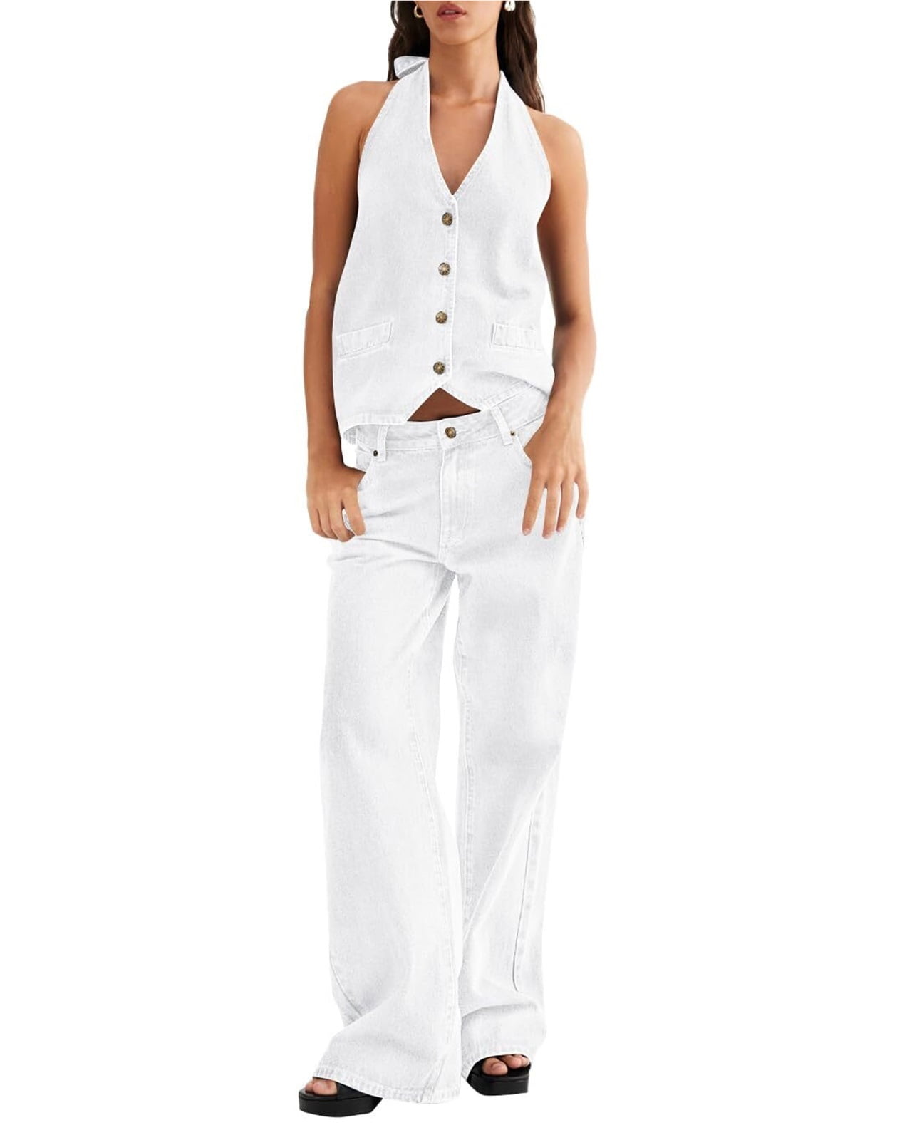 XZAMB Women's Two Piece Denim Set Button Down Backless Tank Top and ...