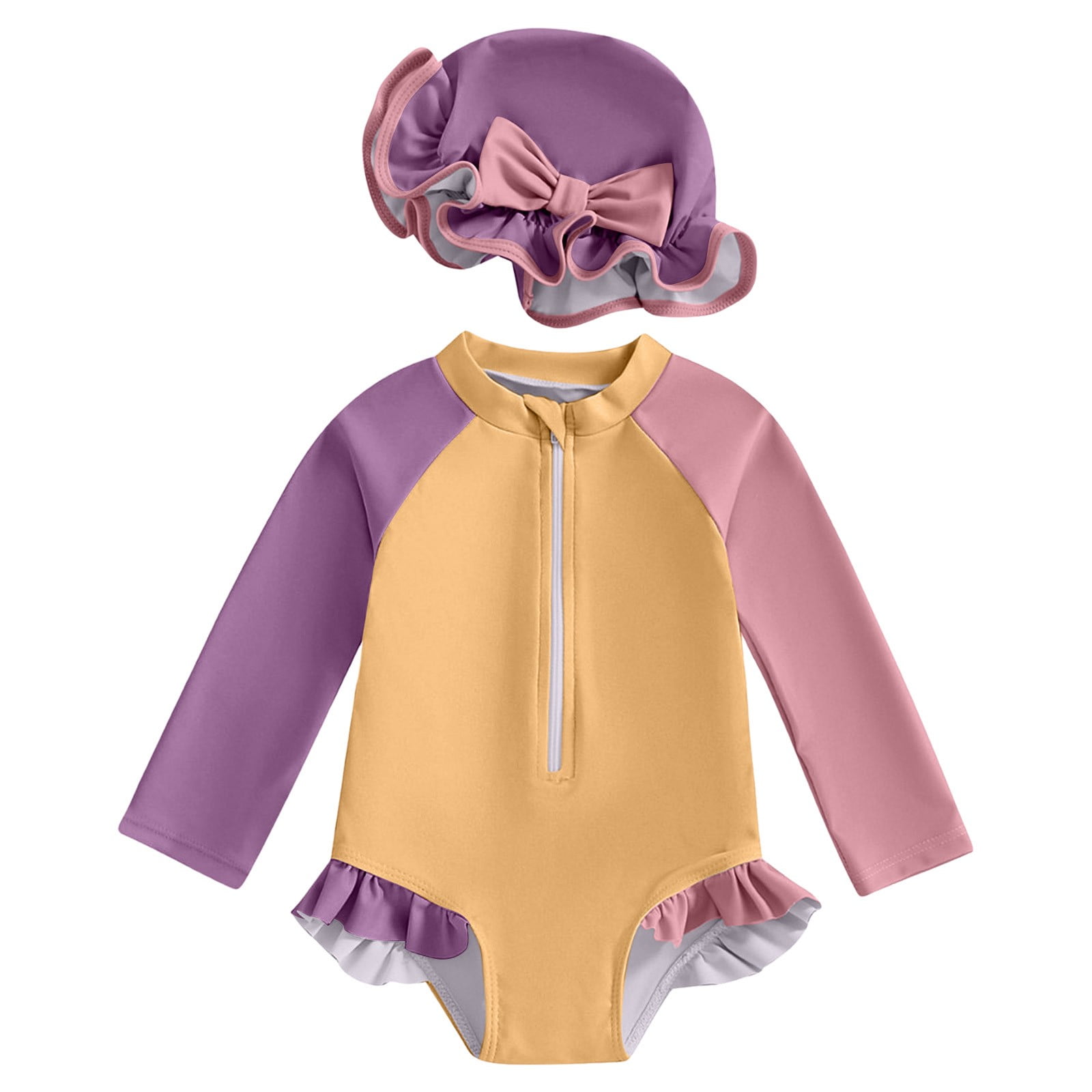 XZNPDUCQ Baby Girl Swimsuit Long Sleeve With Hat Set Zipper Swimsuit ...