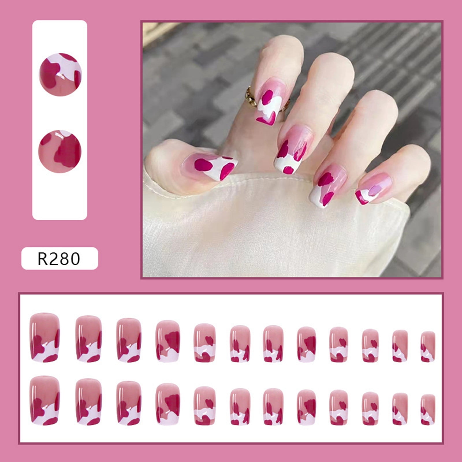 XZZjjl Cosmetics Coffin Nails Long Length Rose Red False Nail Patch Cow ...