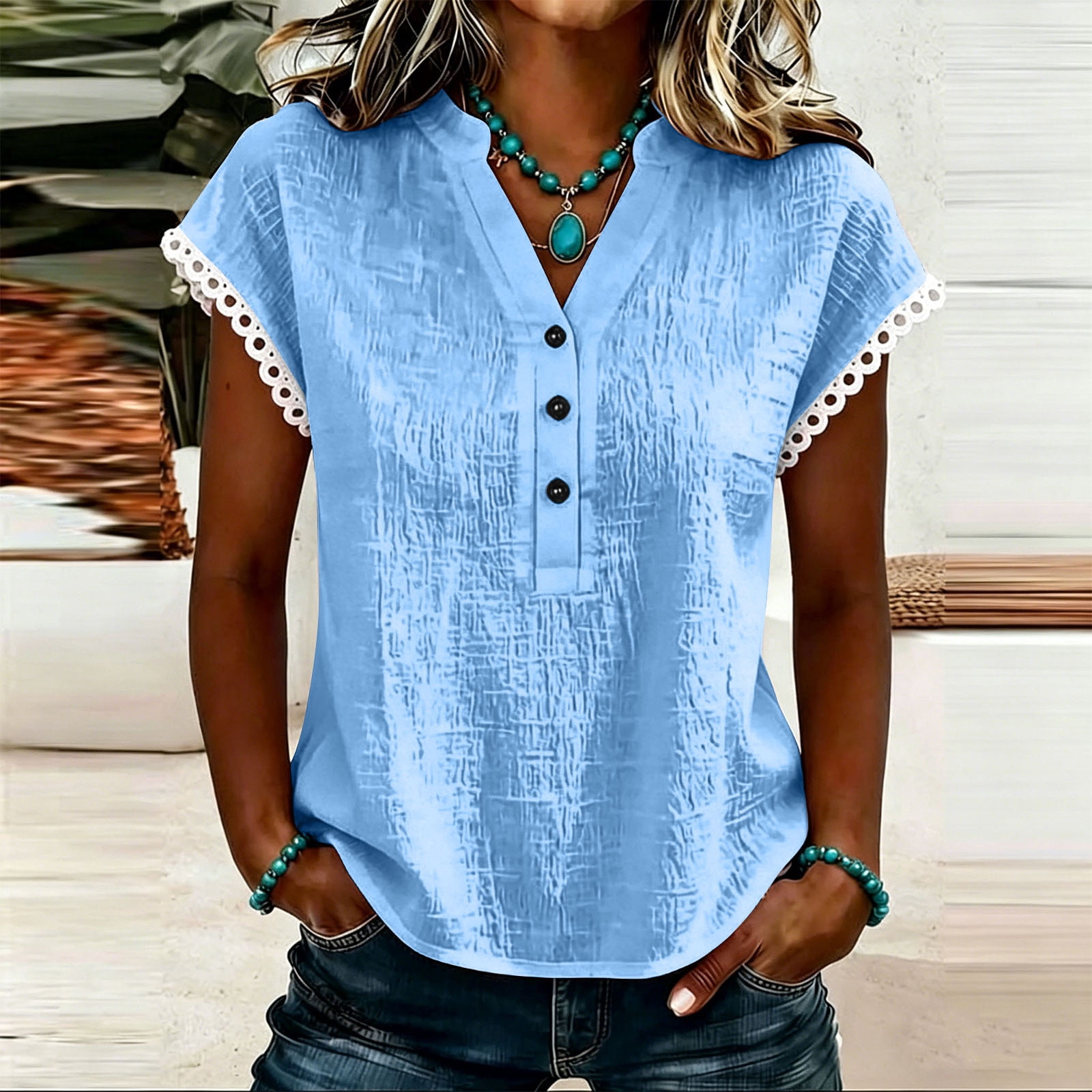Xaqiouau Women Solid Color V‑Neck Short Sleeve Blouse Lace Trim Button ...