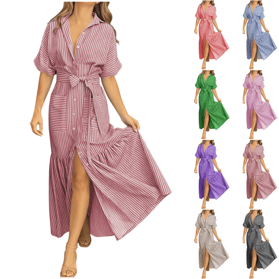 Xaqiouau Women Solid Color V Neck Short Sleeve Wrap Maxi Dress Waist ...