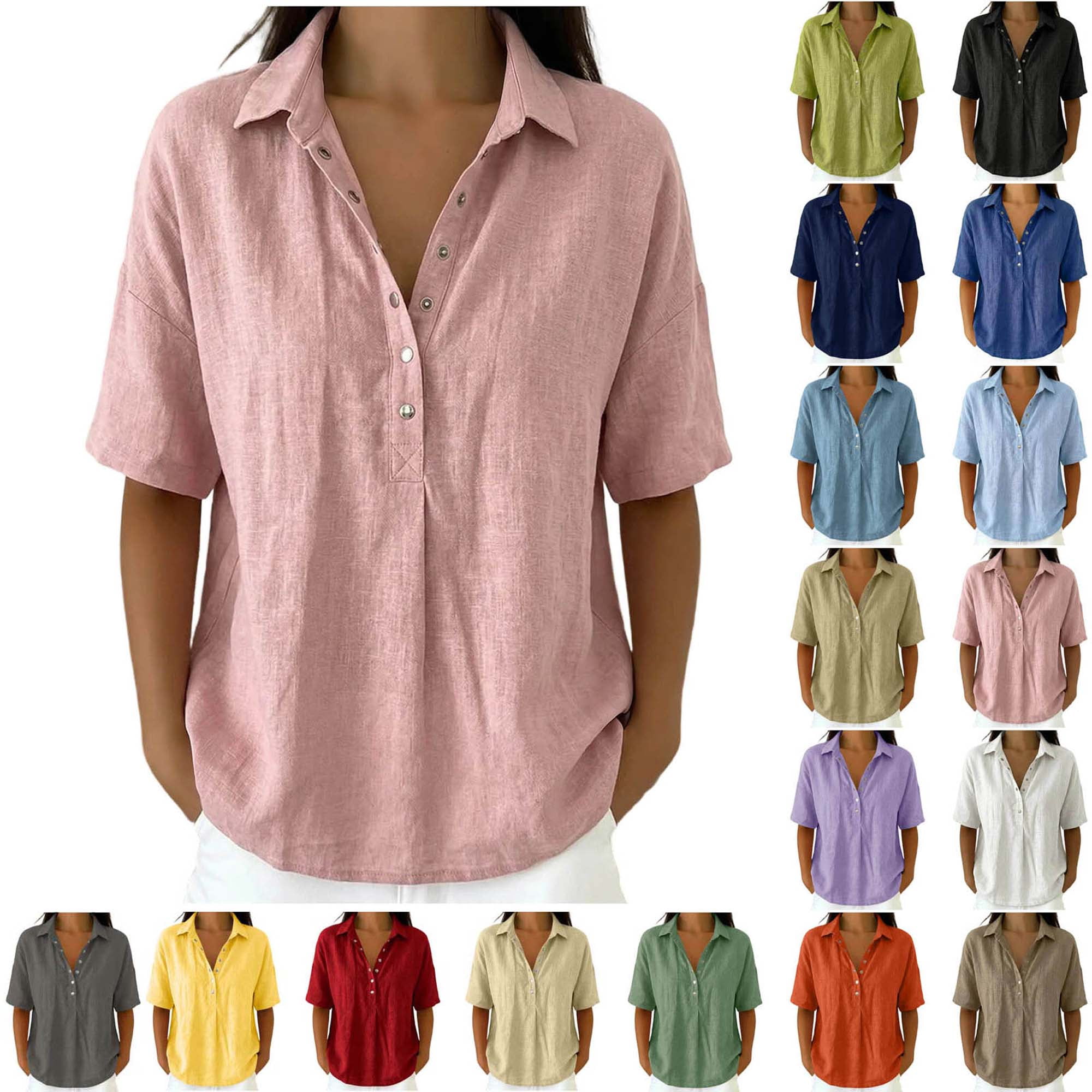 Xaqiouau Womens Linen Blend Short Sleeve Shirt Collared Half Button ...