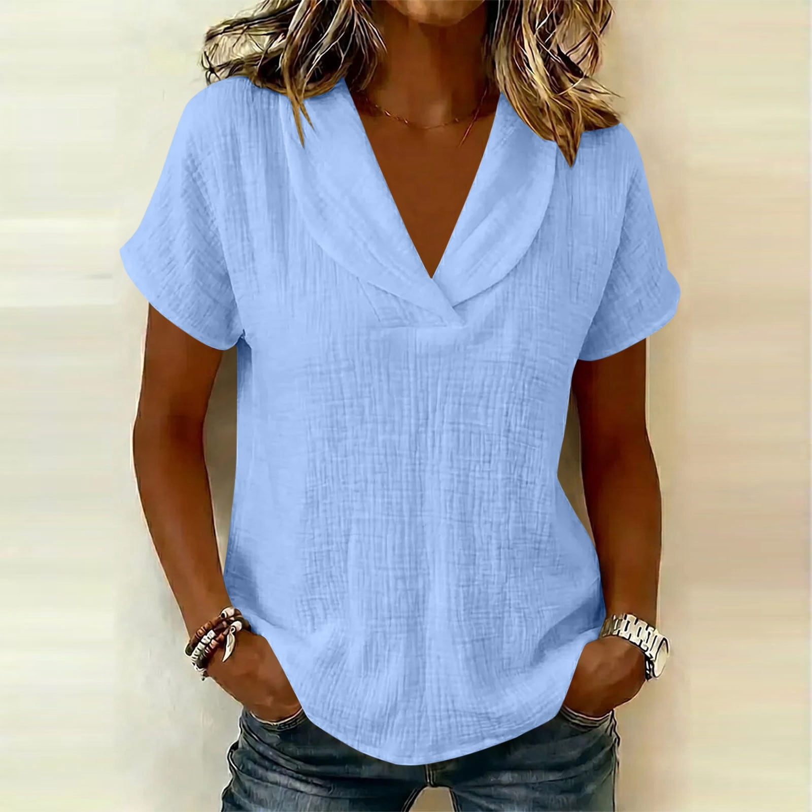 Xaqiouau Womens Pan Collar Blouses Short Sleeve V Neck Solid Color ...