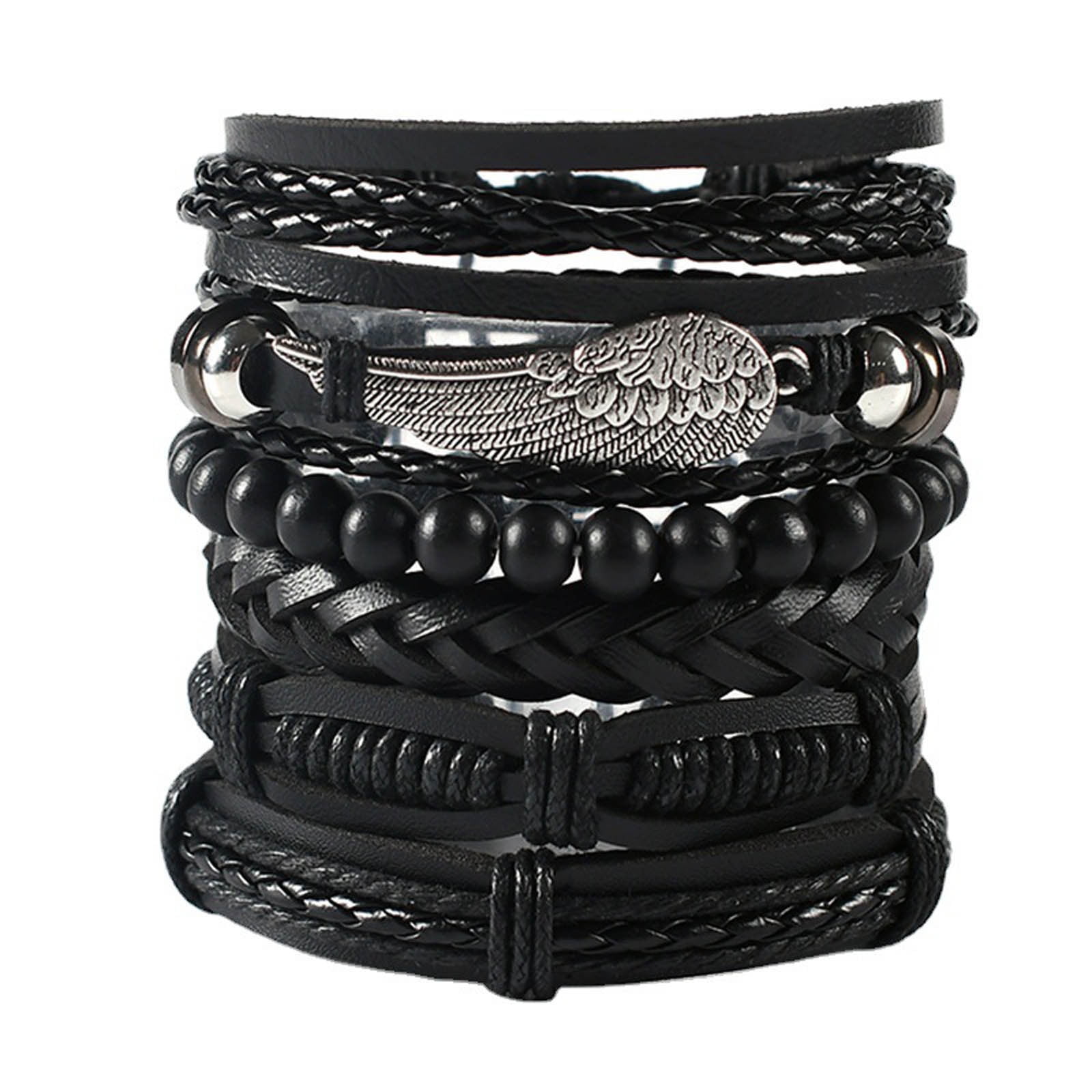 Xaweyi 6 Pcs Mens Black Leather Bracelets Set for Men Stackable Braided ...