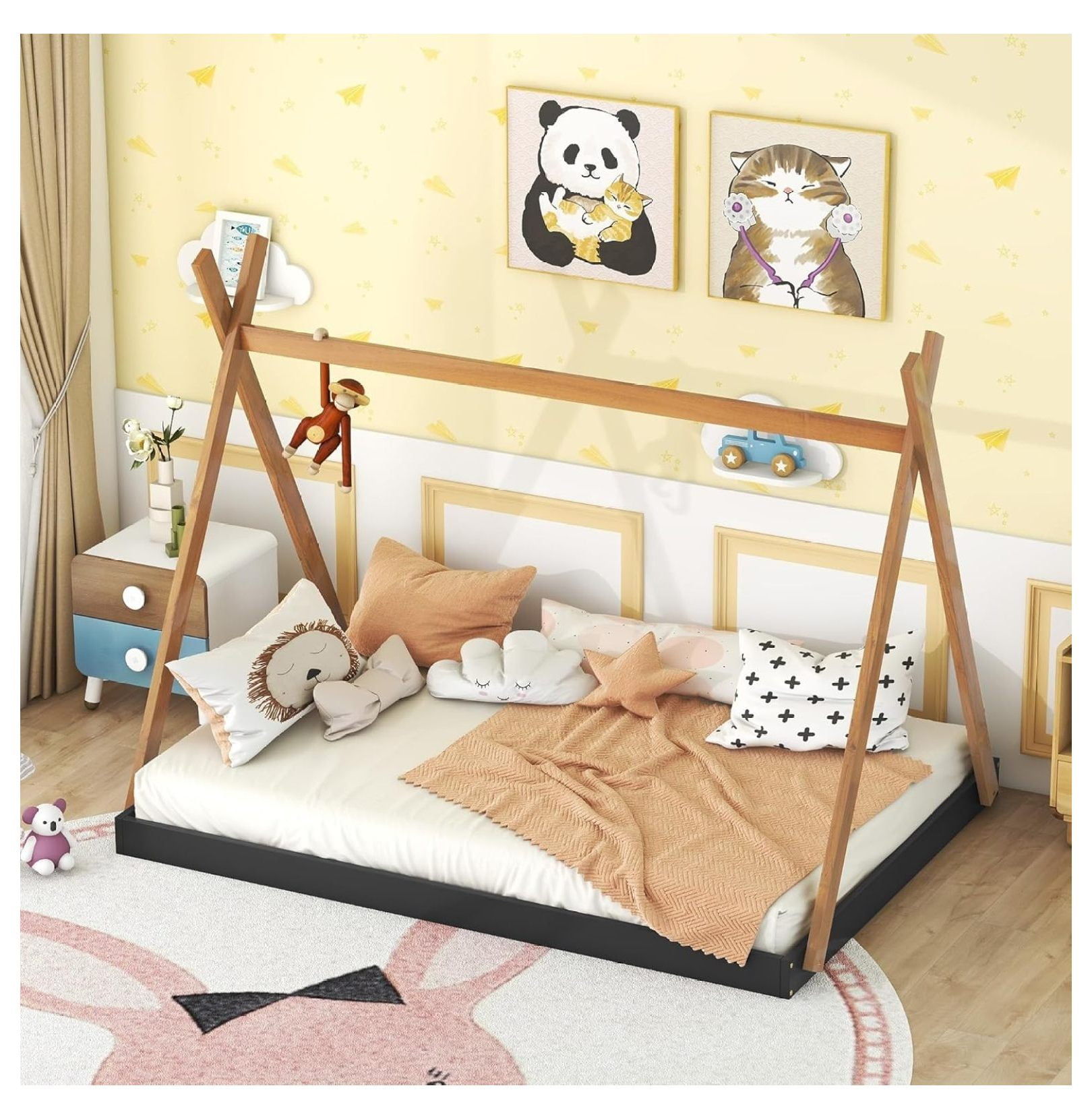 Xayoca Full Size Teepee Bed for Kids,Full Floor Bed Frame with Triangle ...