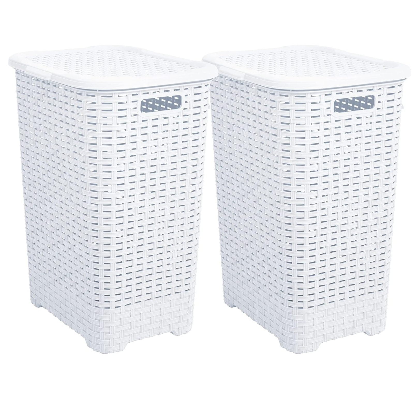 Xayoca Laundry Hamper with Lid 60 Liter White (2 Pack) Plastic Wicker ...