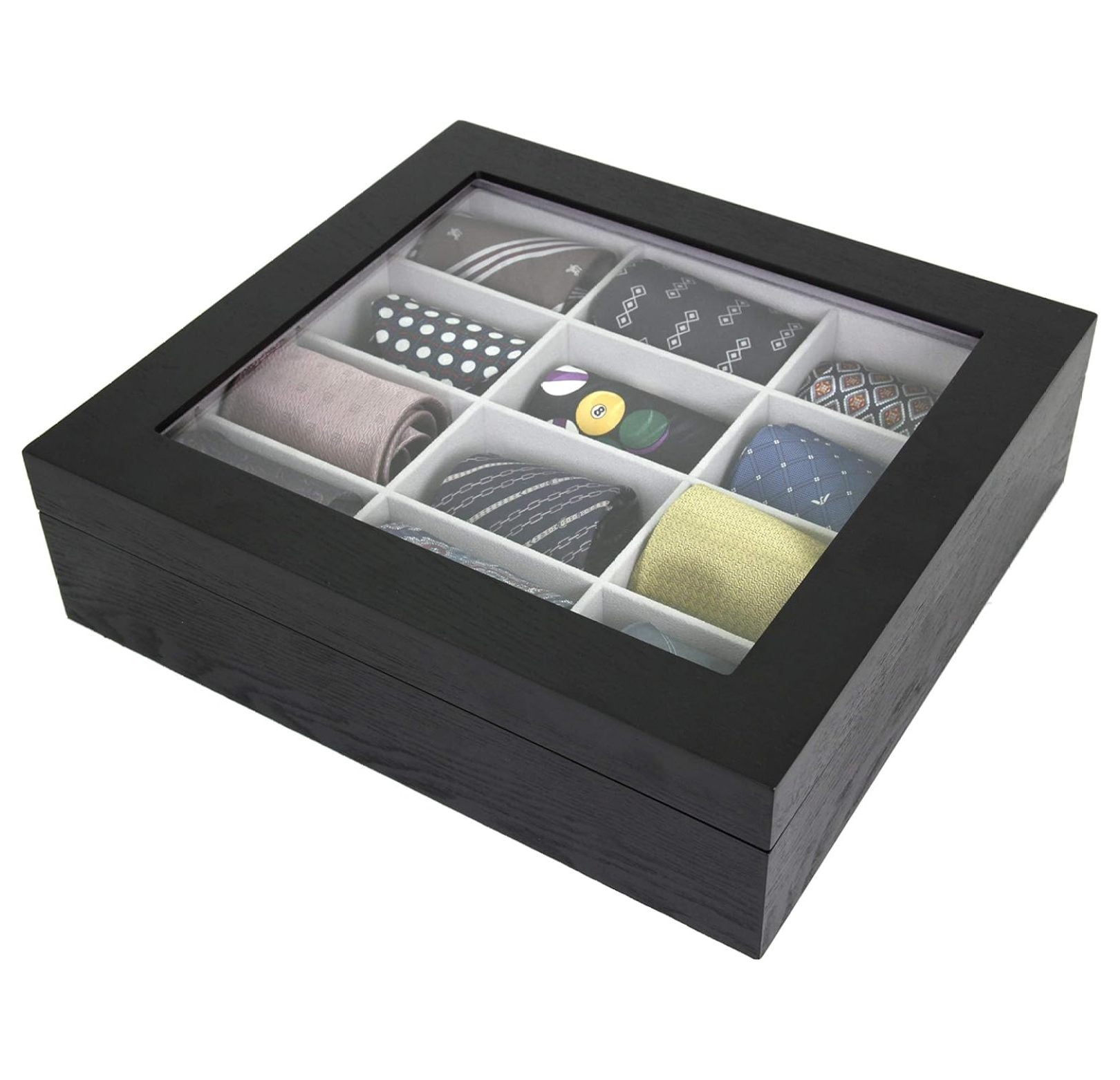 Xayoca Tie Box Storage Case Organizer in Wood Glass Lid Valet (Black ...