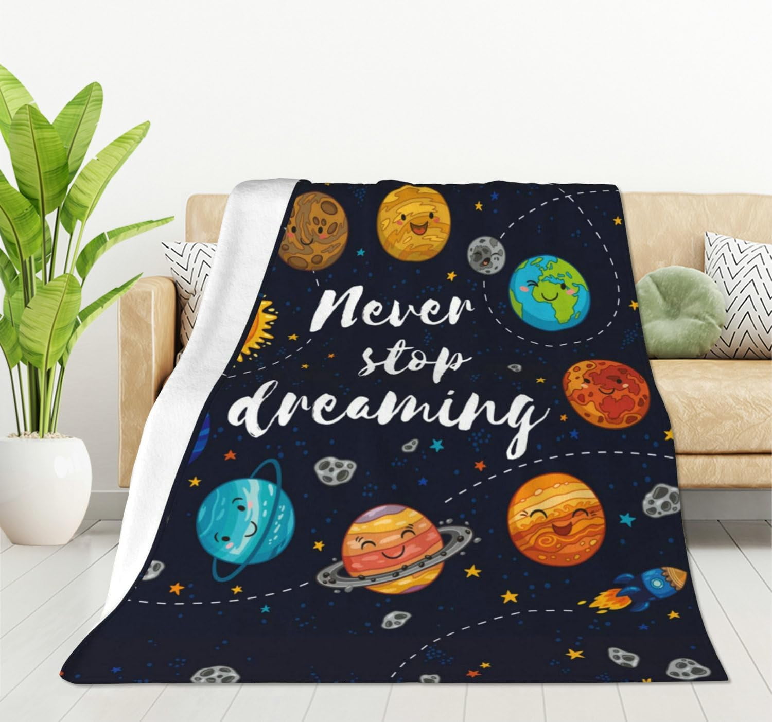 Xchearser Cute Outer Space Planets Blanket Fleece Never Stop Dreaming ...