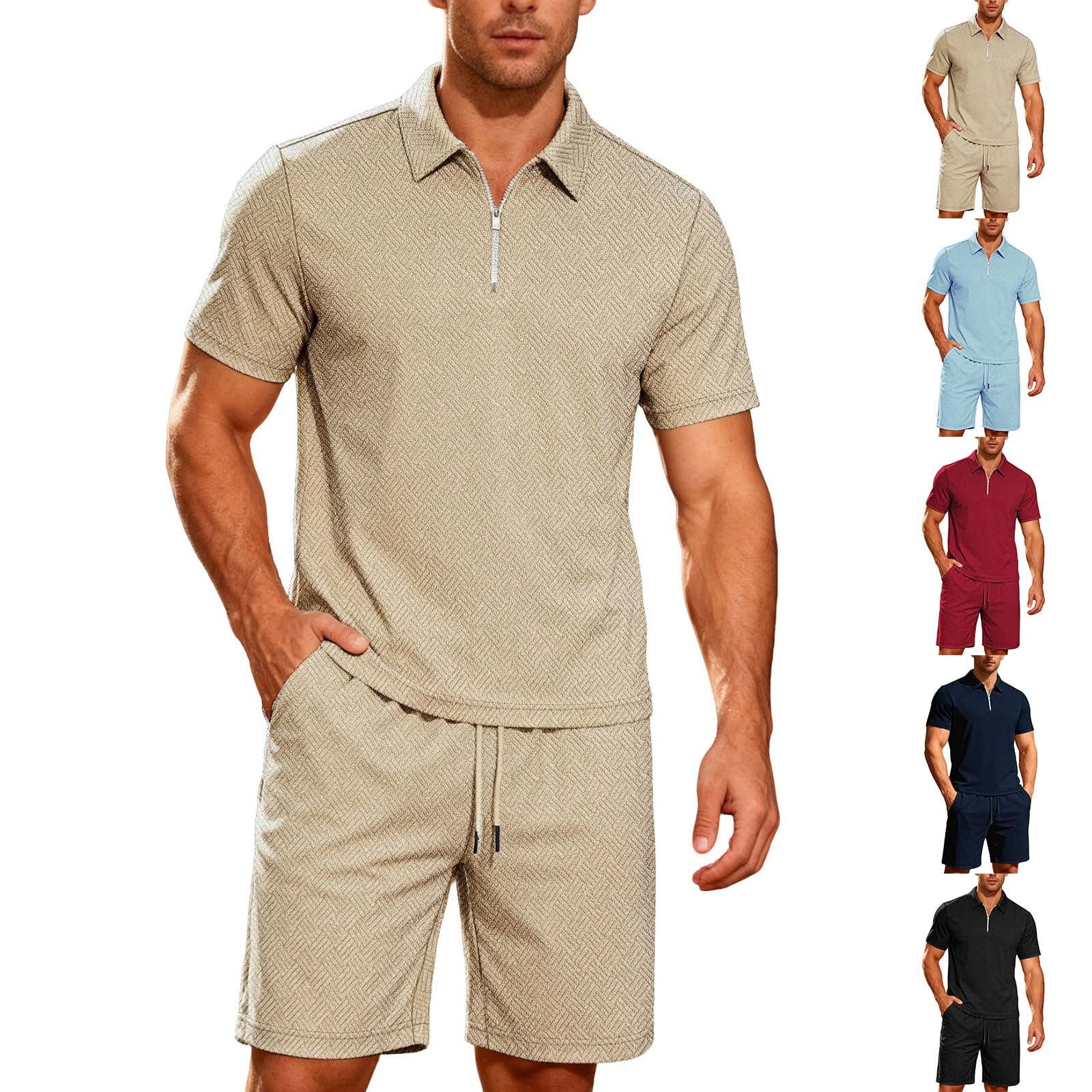 Xcmzpl Men Sets Outfits 2 Piece Shirts and Shorts Quarter Zip Collared ...