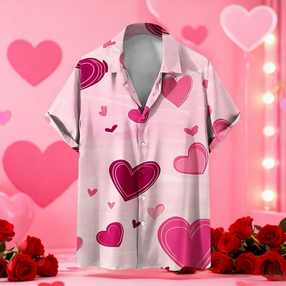 Xcmzpl Men's Hawaiian Shirt Valentines Day Heart Short Sleeve Button ...