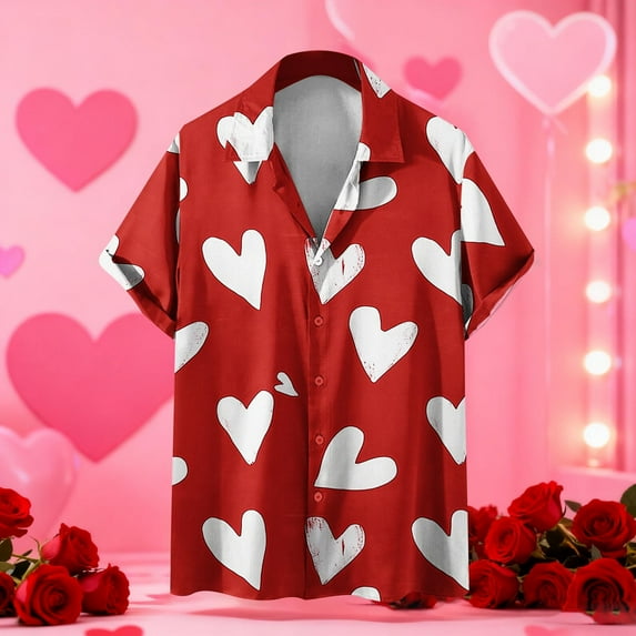 Xcmzpl Men's Hawaiian Shirt Valentines Day Heart Short Sleeve Button ...