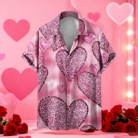 Xcmzpl Mens Valentine's Day Shirt Big and Tall Hawaiian Button Down ...