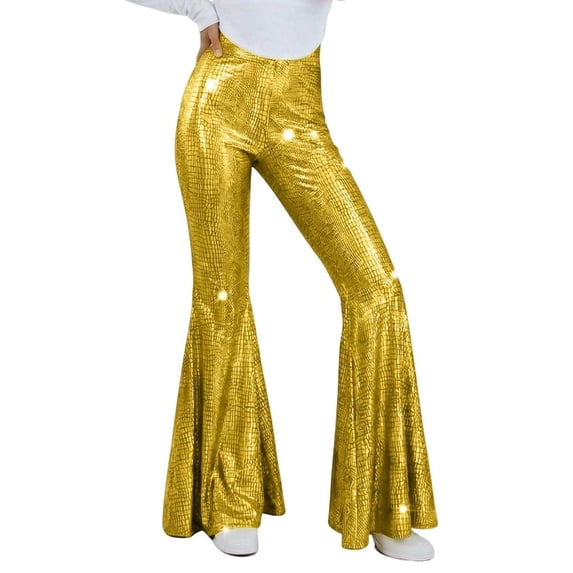 Xdegege Women's Metallic Flare Pants Shiny Bell Bottom Trousers High ...
