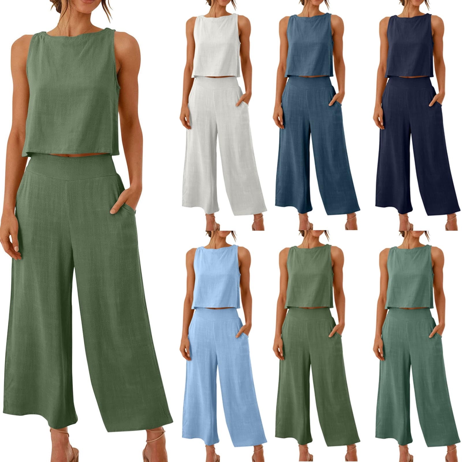 Xdegoge 2 Piece Sets for Women Summer Linen Outfits Sleeveless Crop ...