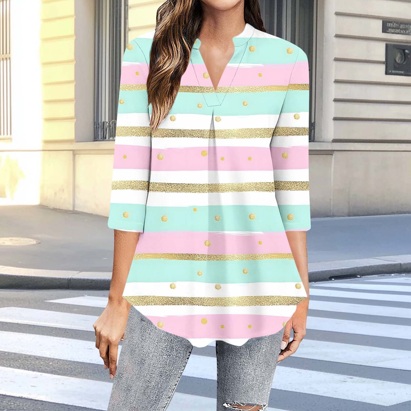 Xdegoge 3/4 Sleeve Tops for Women V Neck Floral Print Summer Shirts Loose Fit Tunic T Shirts ...