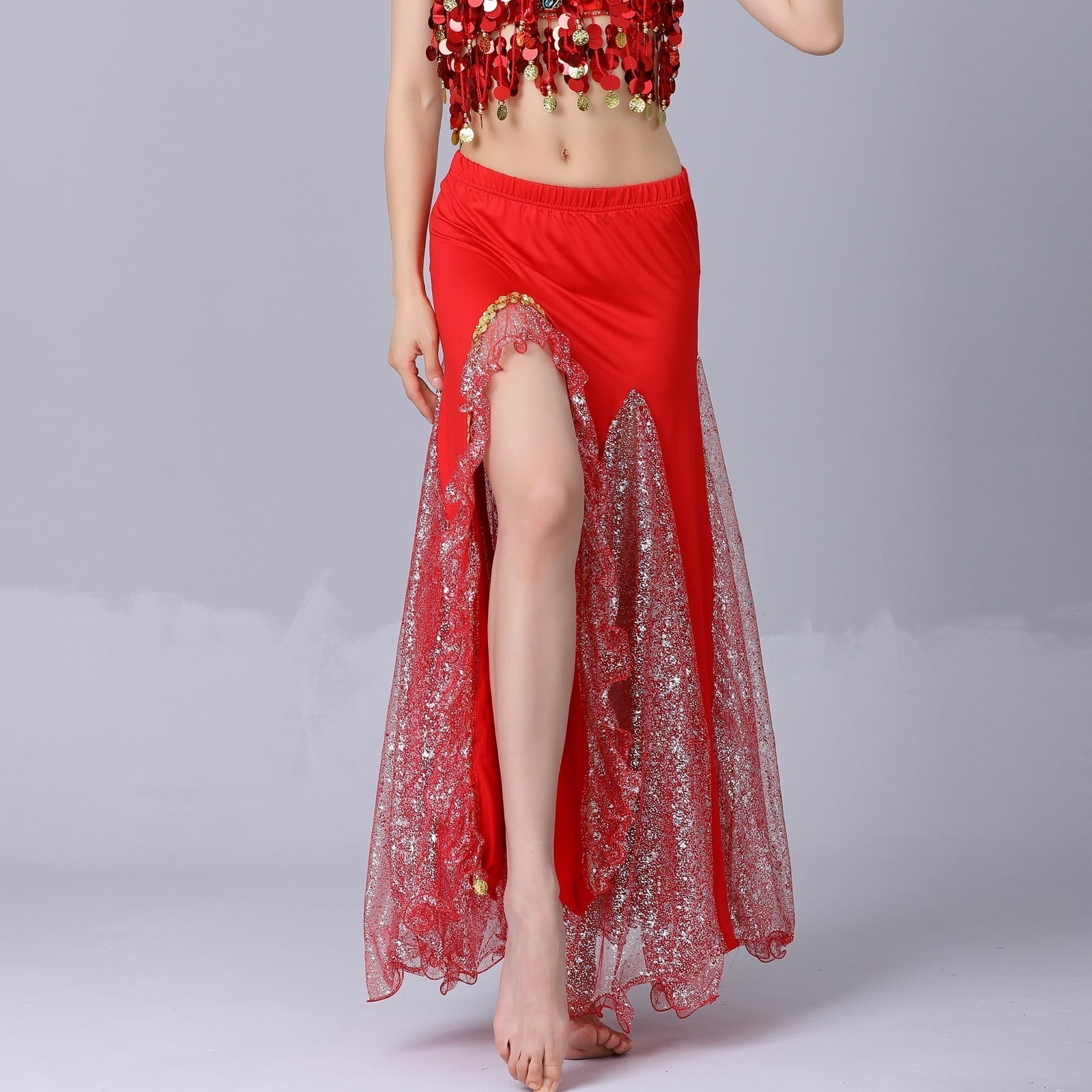 Xdegoge Belly Dance Skirts for Women Sequin High Split Dancing Stage ...