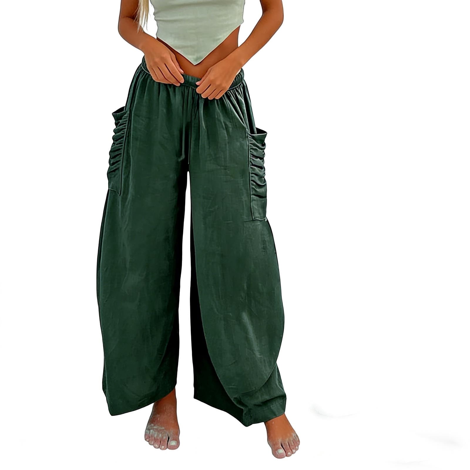 Xdegoge Boho Harem Pants for Women Elastic Waist Ruched Pocket Lounge ...