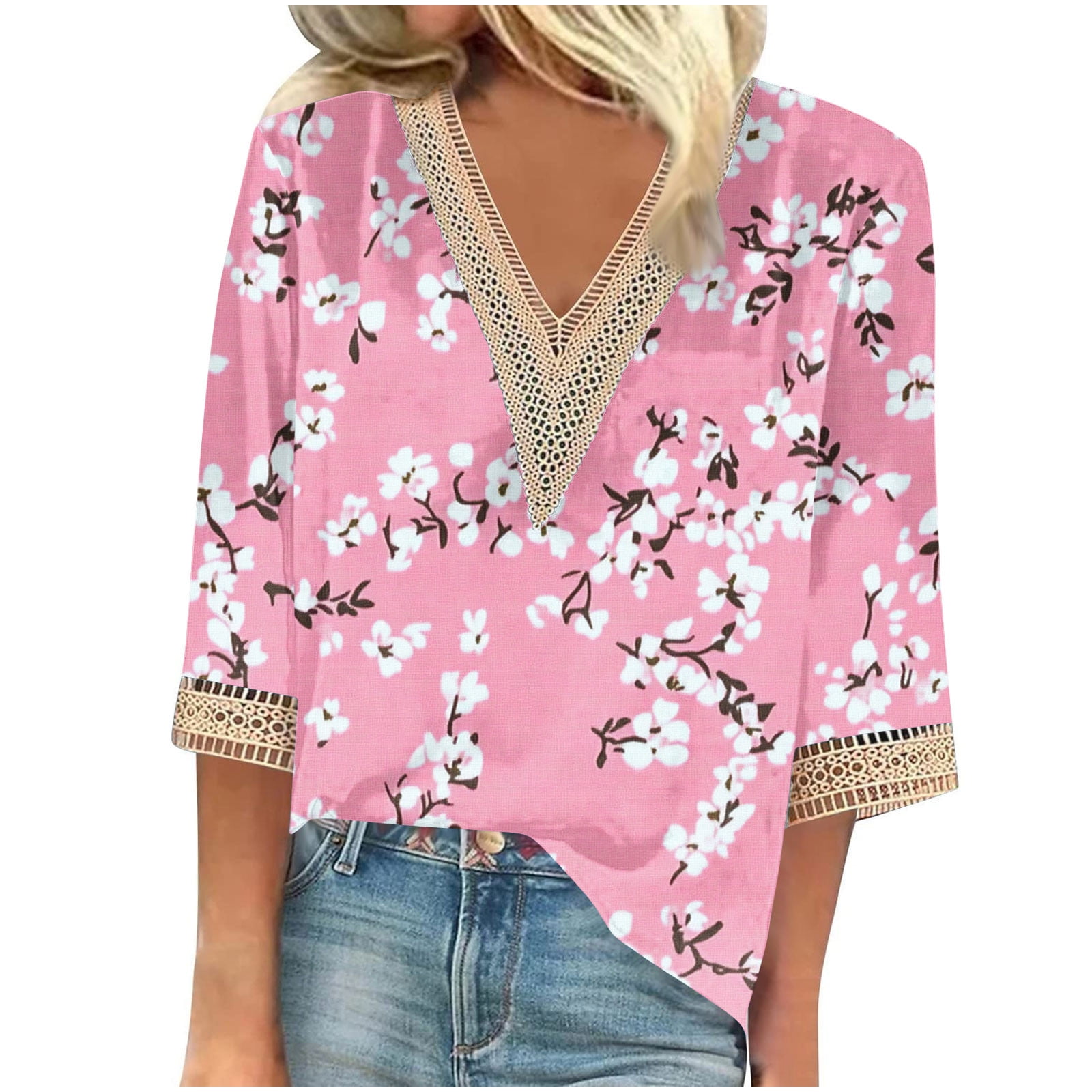 Xdegoge Boho Tops for Women Tropical Floral Print with Lace V Neck ...