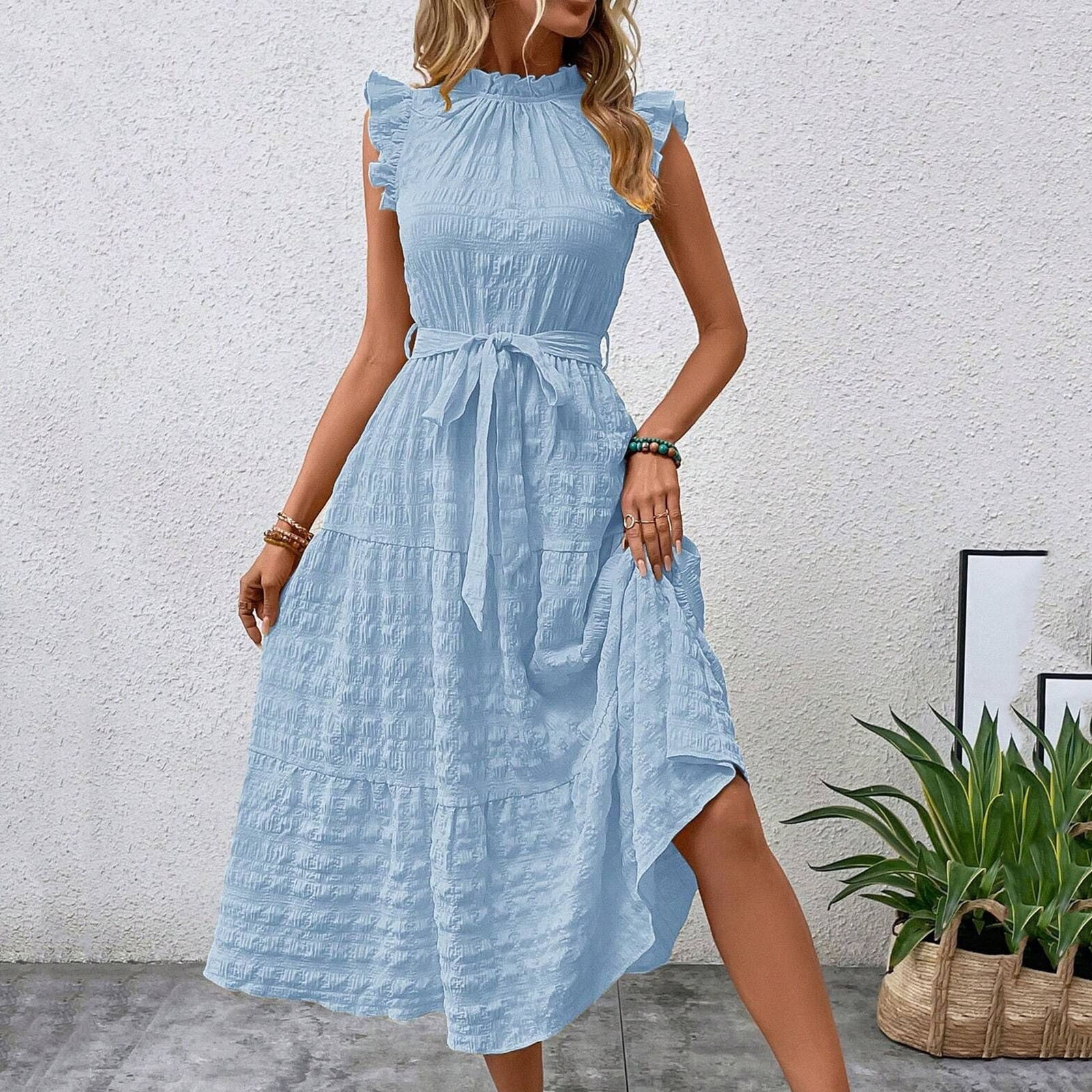 Xdegoge Sun Dresses for Women 2025 Vacation Halter Ruffle Tiered Flowy ...