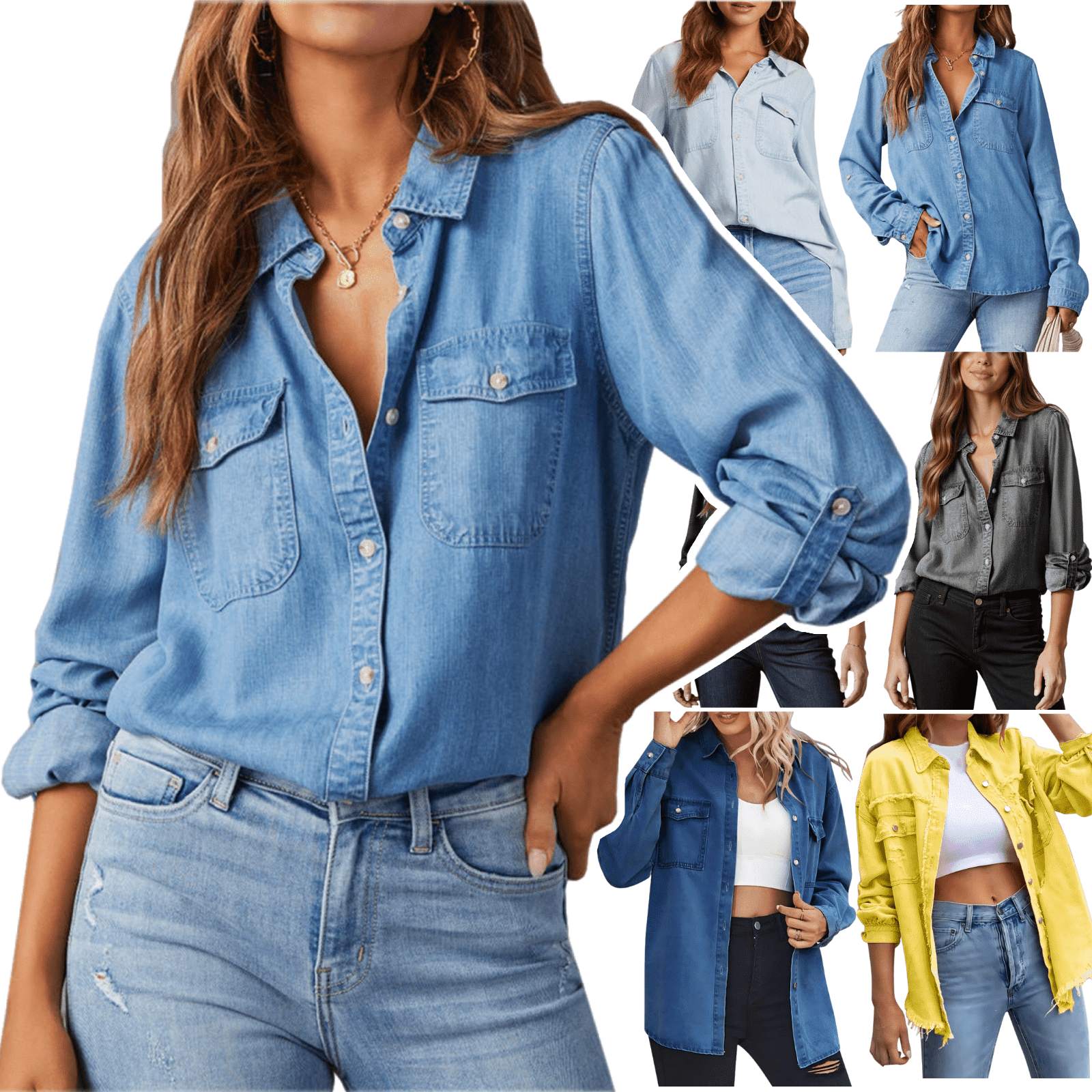 Xdegoge Denim Shirts Women Oversized Button Down Shacket Long Sleeve ...
