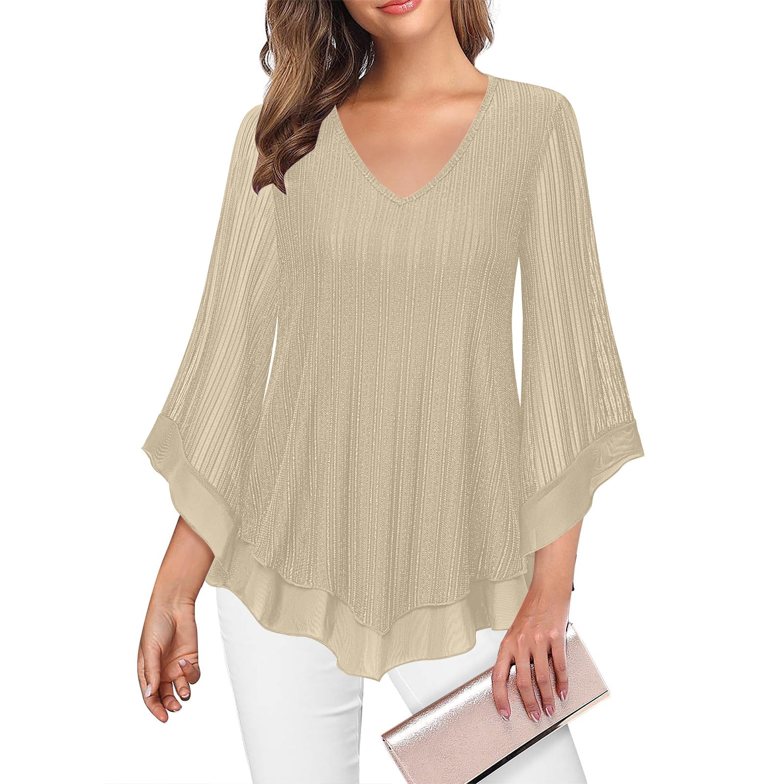 Xdegoge Dressy Tops for Women Sparkly Double Layers Sheer Flare Mesh 3/ ...