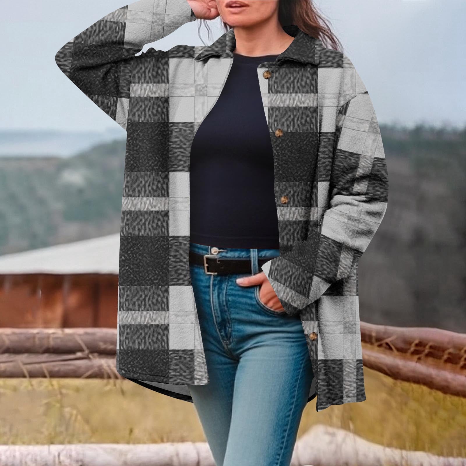 Xdegoge Fleece Jacket Women No Hood Plaid Flannel Shackets Winter Coat ...