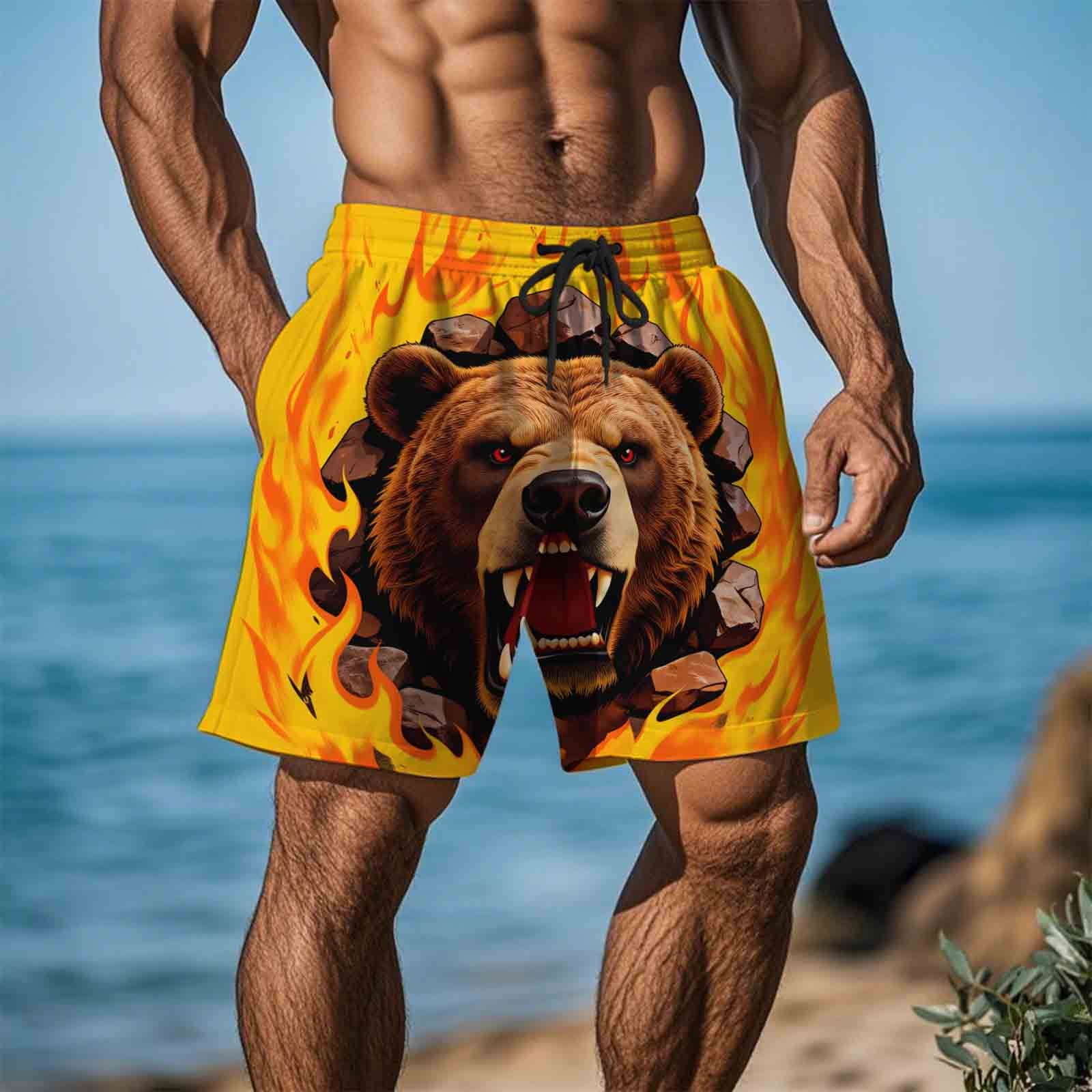 Xdegoge Funny Bear Swim Trunks for Men - Flame Bear Head Print Quick ...