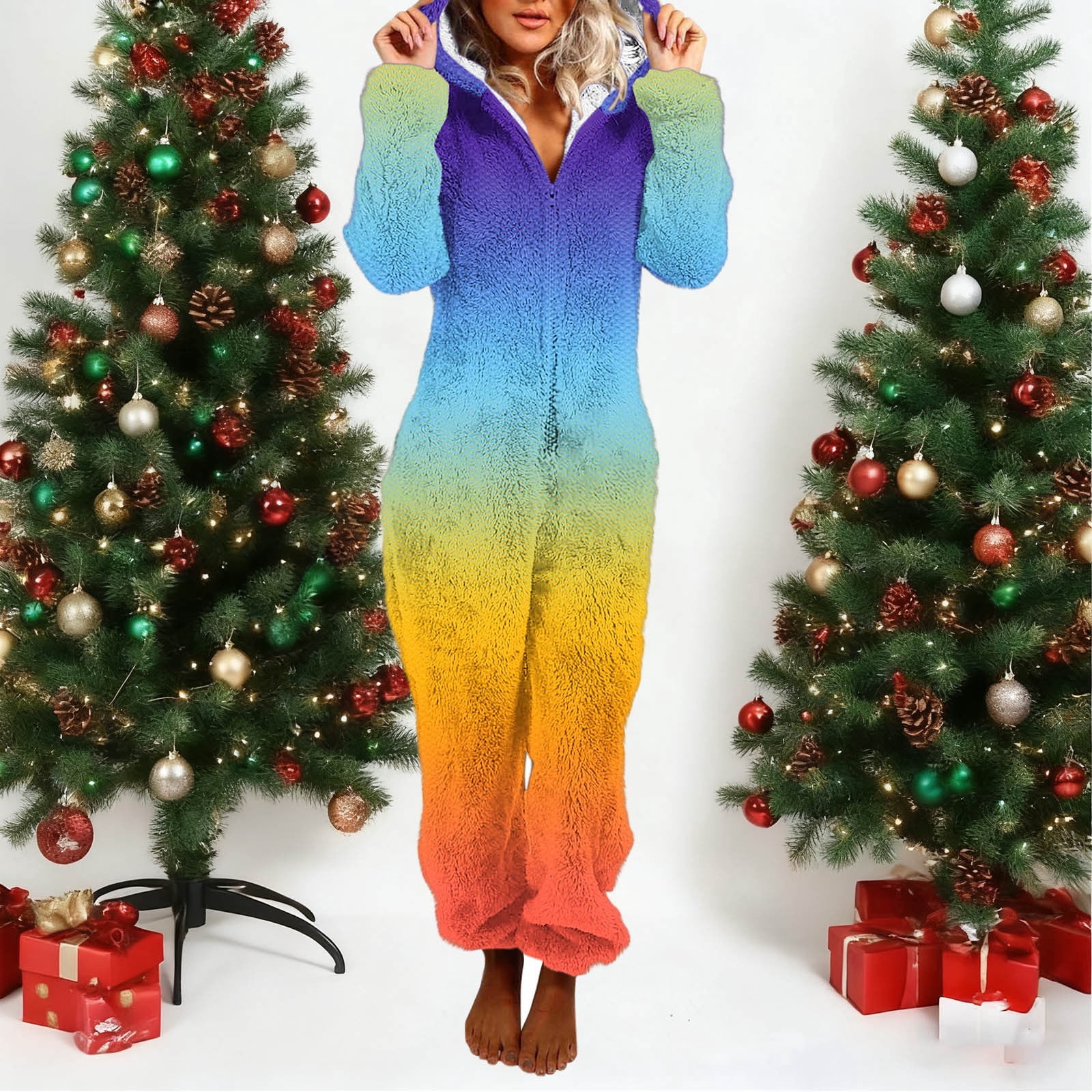 Xdegoge Fuzzy Pajamas for Women Hooded Sleepweargradient Color Zipper ...