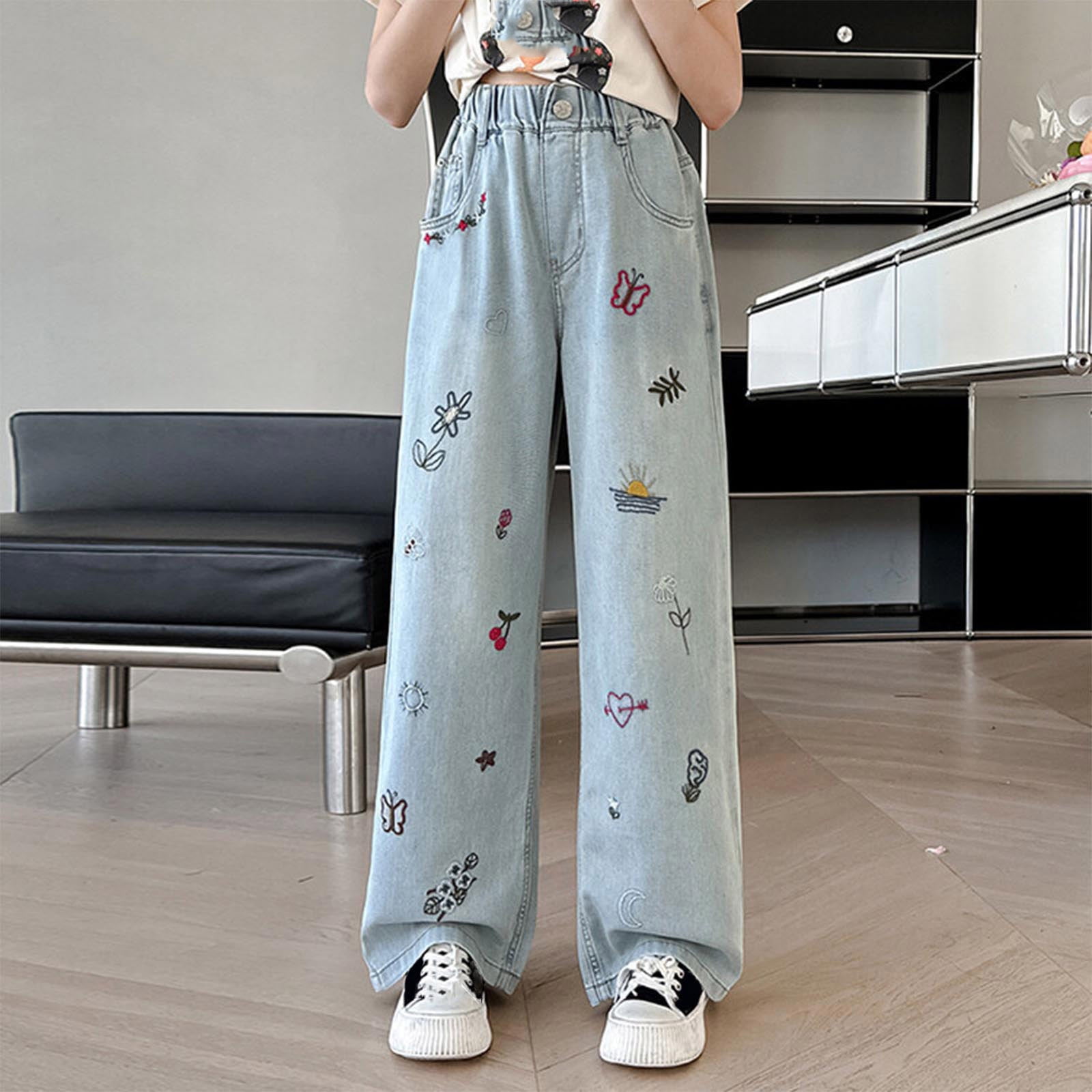 Xdegoge Girl Pants Size 10-12 Elastic Waist Wide Leg Jeans Baggy Jeans ...