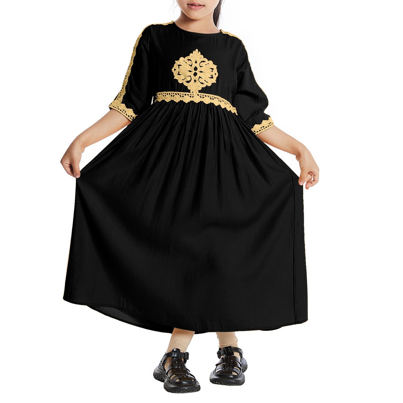 Xdegoge Girls Dresses Muslim Islamic Girls Round Neck Appliqued Short Sleeves Kids Maxi Dress ...