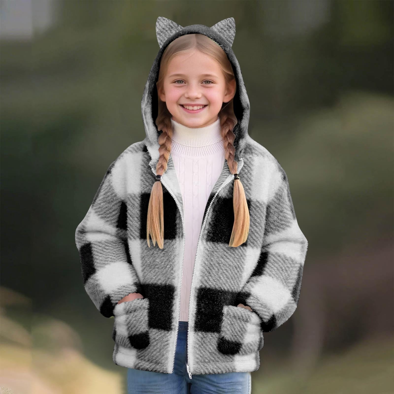 Xdegoge Girls Fleece Sherpa Jacket Plaid Fuzzy Zip Up Long Sleeve ...