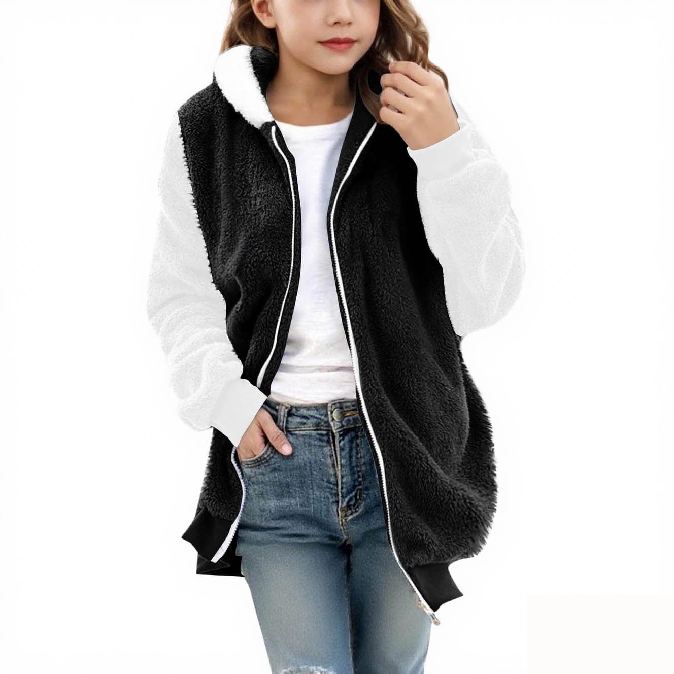 Xdegoge Girls Fuzzy Fleece Sherpa Jacket Zip Up Patchwork Thermal ...