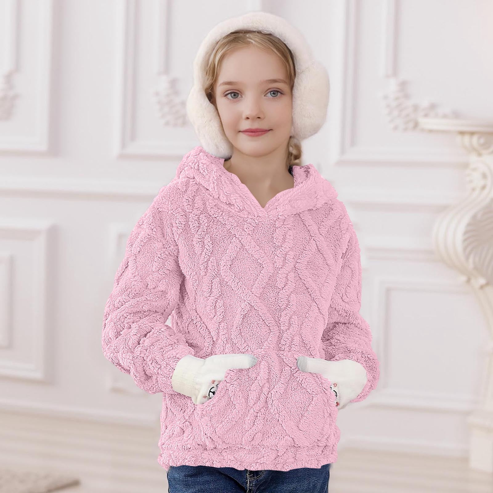 Xdegoge Girls Fuzzy Fleece Sweatshirt Tween Thermal Long Sleeve Hoodie ...
