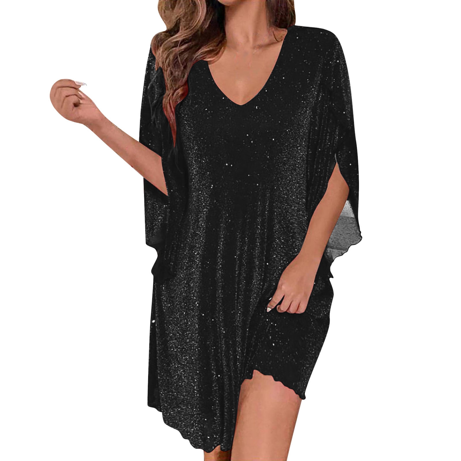 Xdegoge Glitter Dress for Women Sheer Mesh V Neck Sparkly Tunic Dresses ...