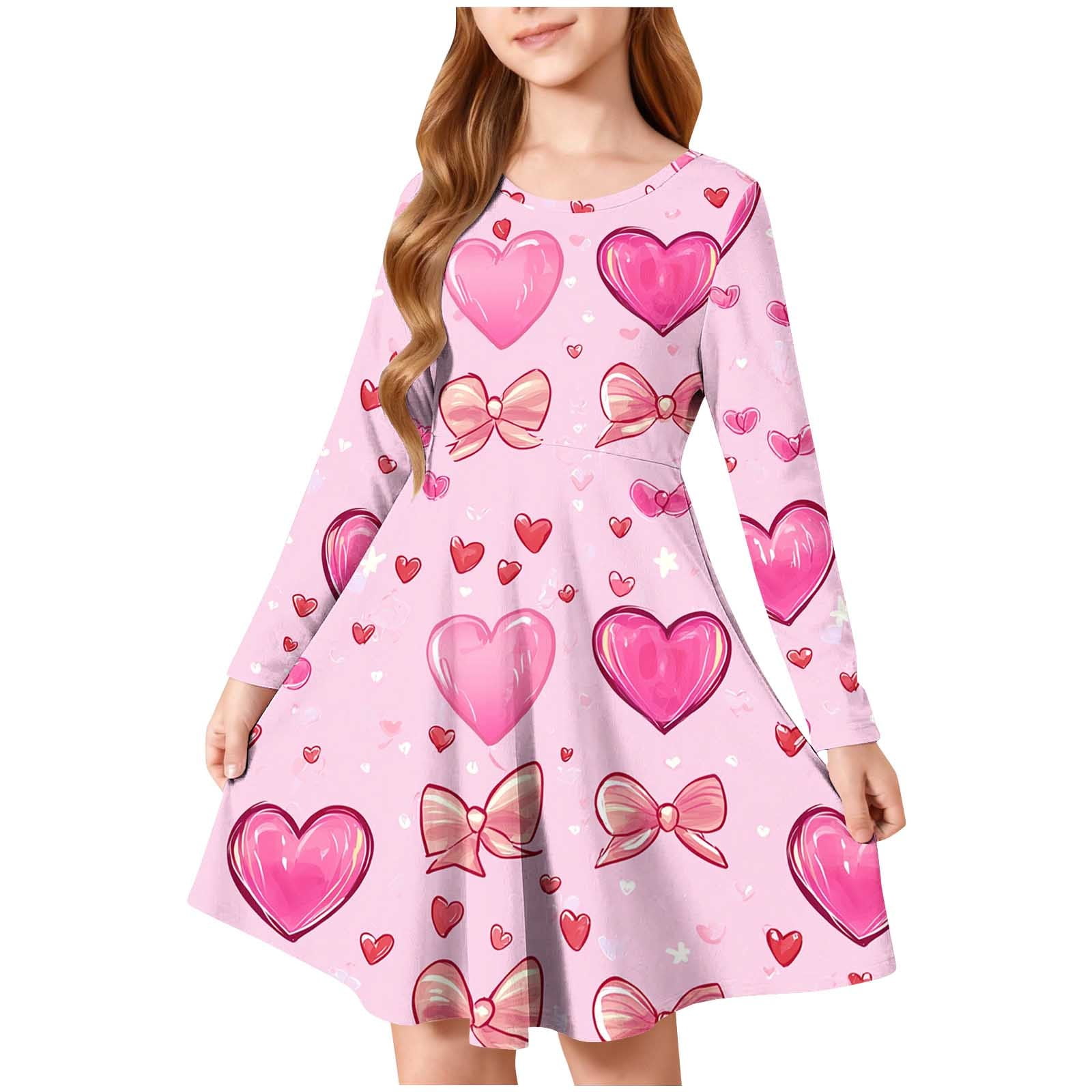 Xdegoge Heart Print Dress for Girls, Long Sleeve Loose Fit A-Line Dress ...
