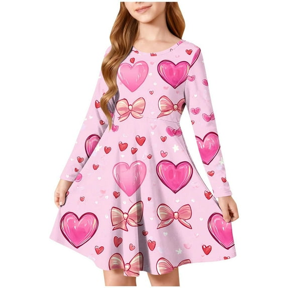 Xdegoge Heart Print Dress for Girls, Long Sleeve Loose Fit A-Line Dress ...