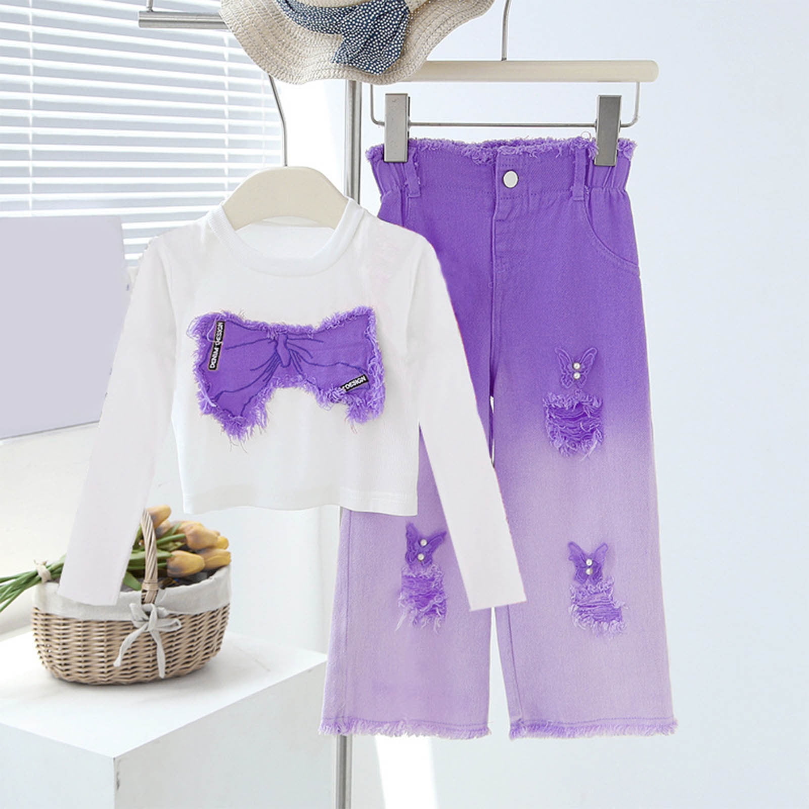 Xdegoge Kids Girls 2 Piece Denim Sets Slim Fit Long Sleeve Crop Tops ...
